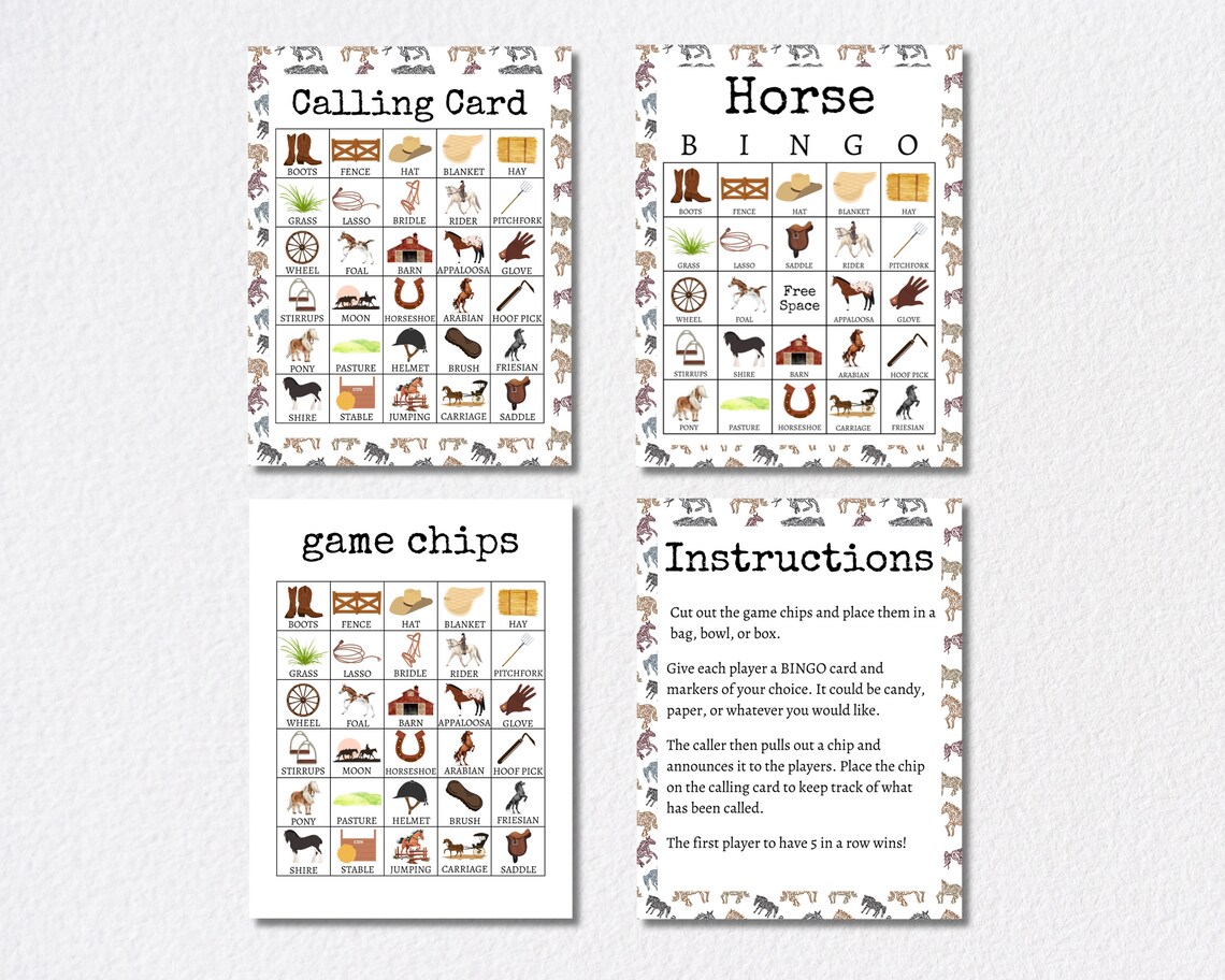 Horse Bingo Cards, Printable Wild West Party Game, Includes Full and ...