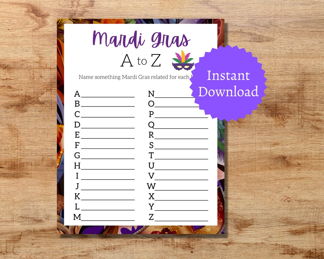 Mardi Gras A to Z Race Game, Printable Mardi Gras Party Game for Kids ...