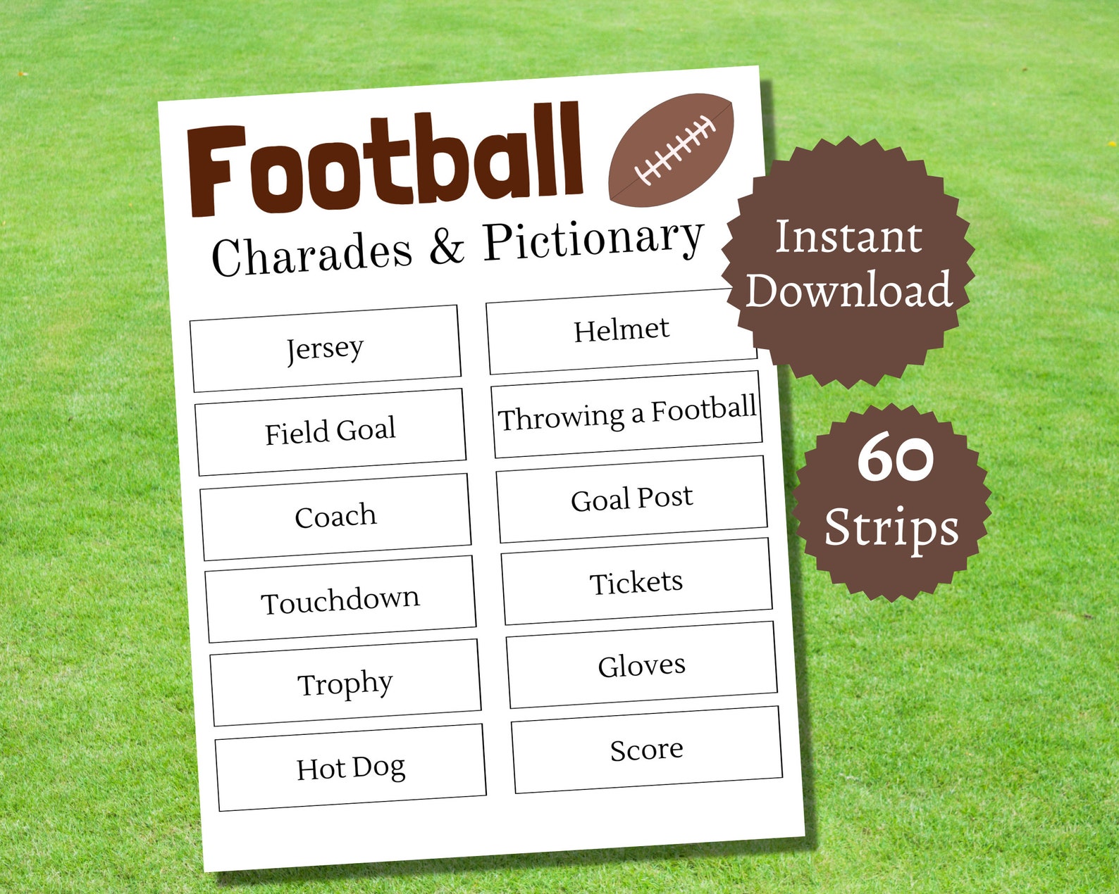 Football Charades and Pictionary Cards, Printable Football Party Game ...