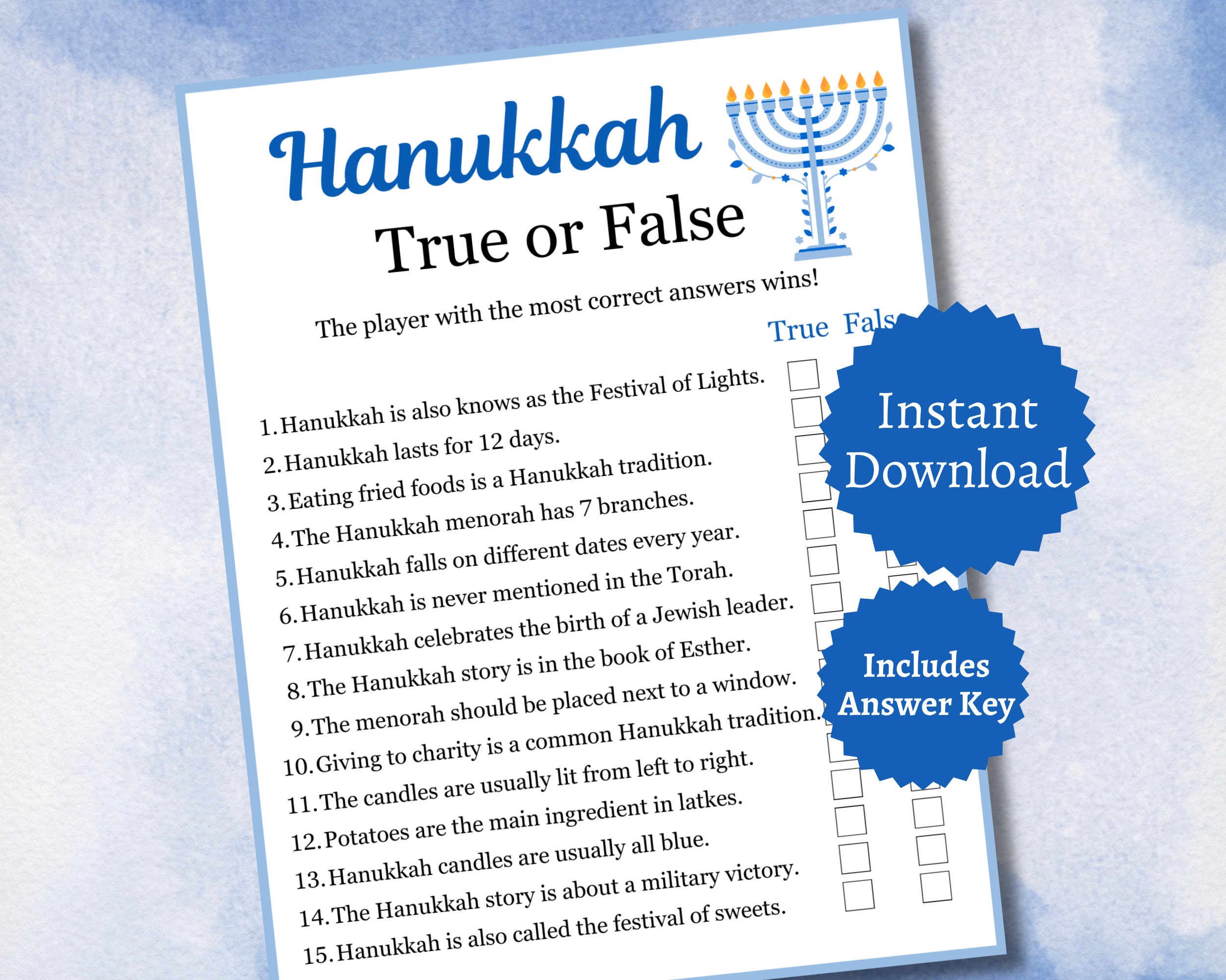 Hanukkah True or False Game, Printable Hanukkah Trivia Activity for ...
