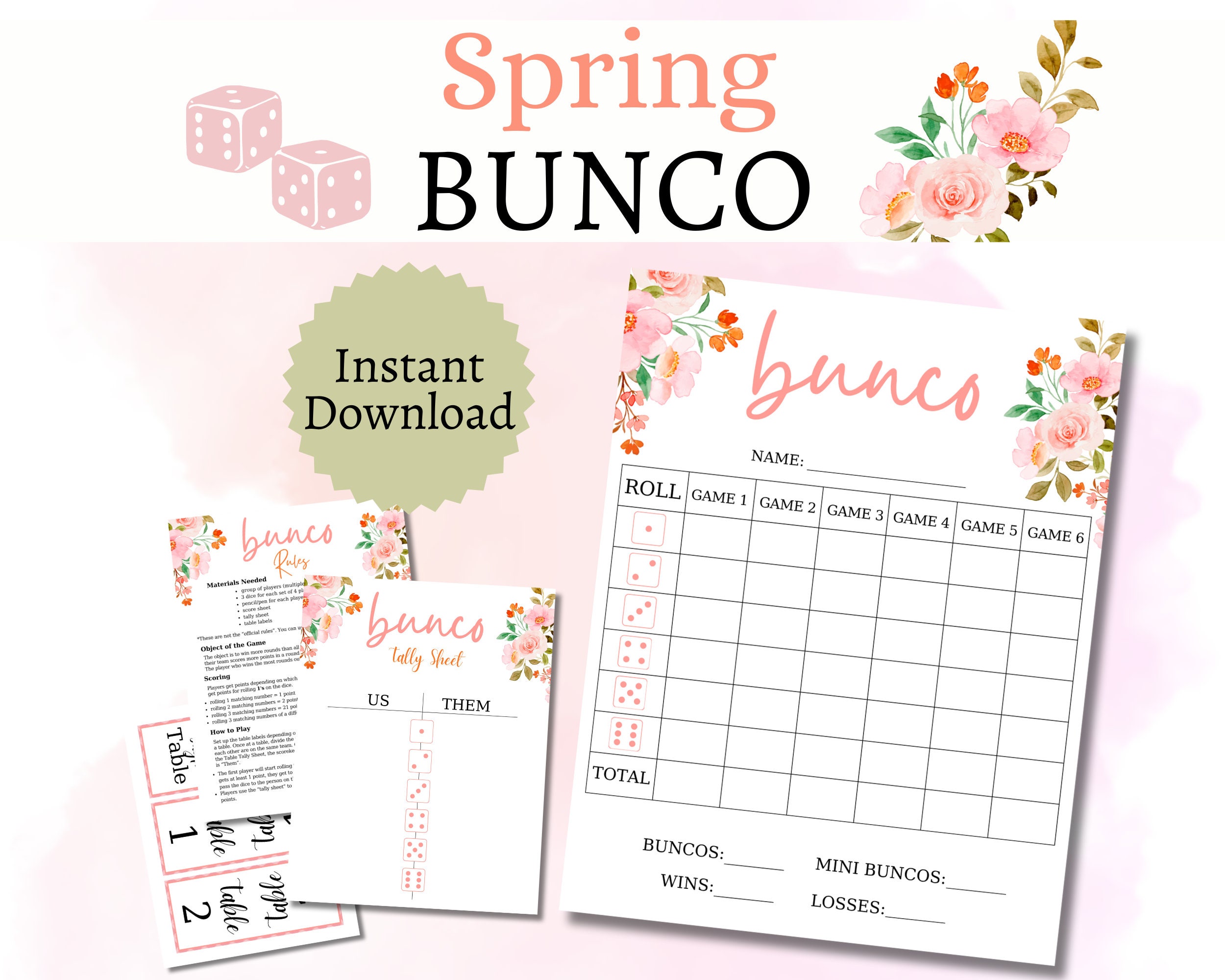 Spring Bunco Cards, Printable Floral Bunco Sheets, Includes Score Cards ...