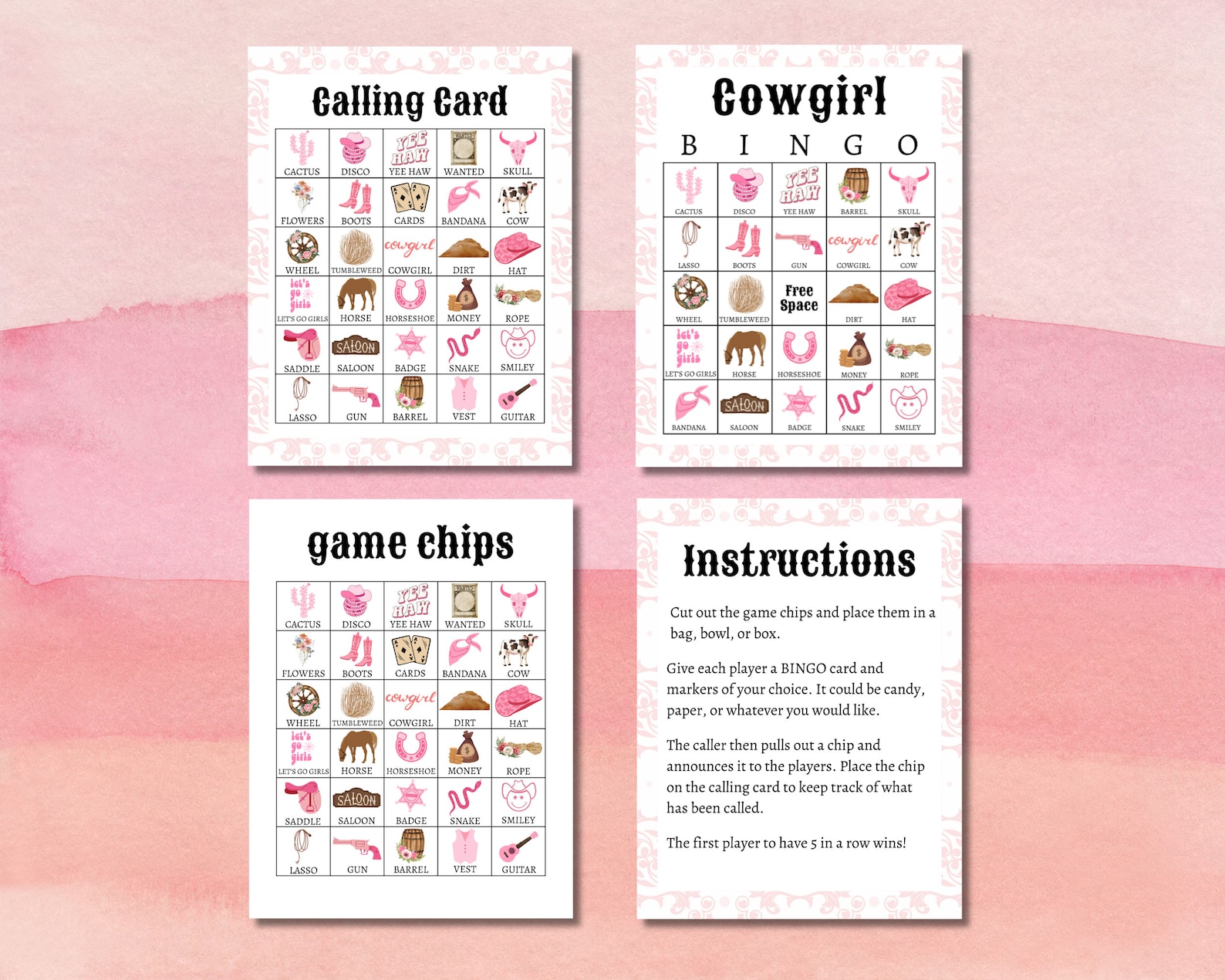 Cowgirl Bingo Cards, Pink Wild West Party Game, Printable Cowgirl ...