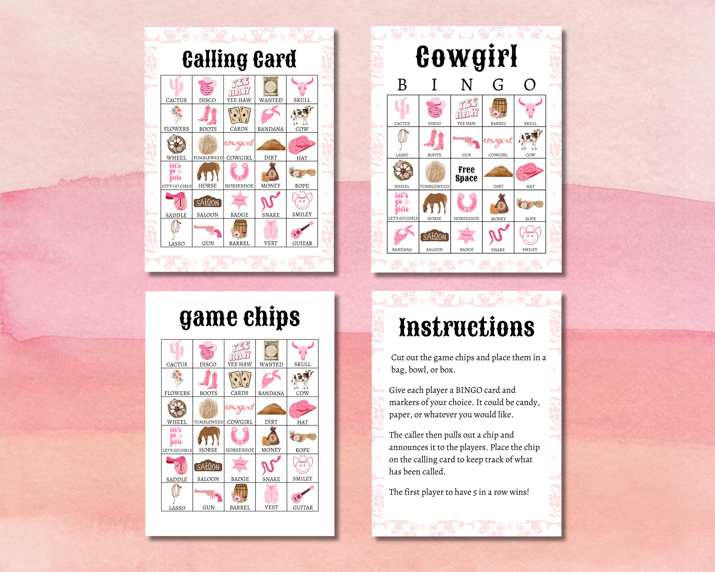 Cowgirl Bingo Cards, Pink Wild West Party Game, Printable Cowgirl ...