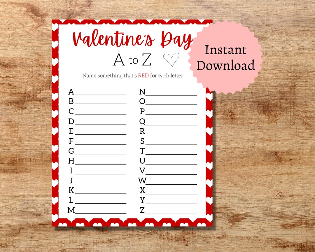 Valentine's Day A to Z Race, Printable Valentine Party Game, February ...