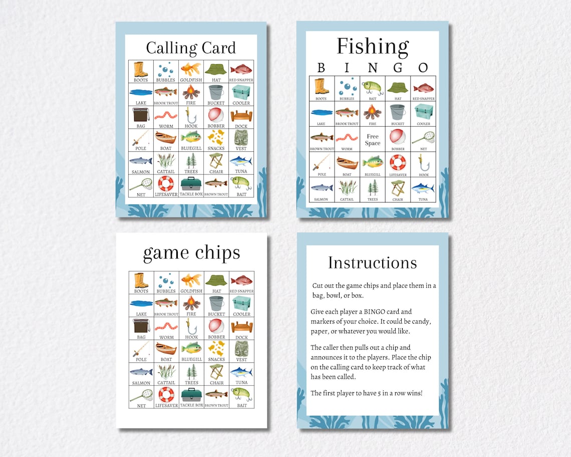 Fishing Bingo Cards, Fishing Birthday Party Game for Kids and Adults ...