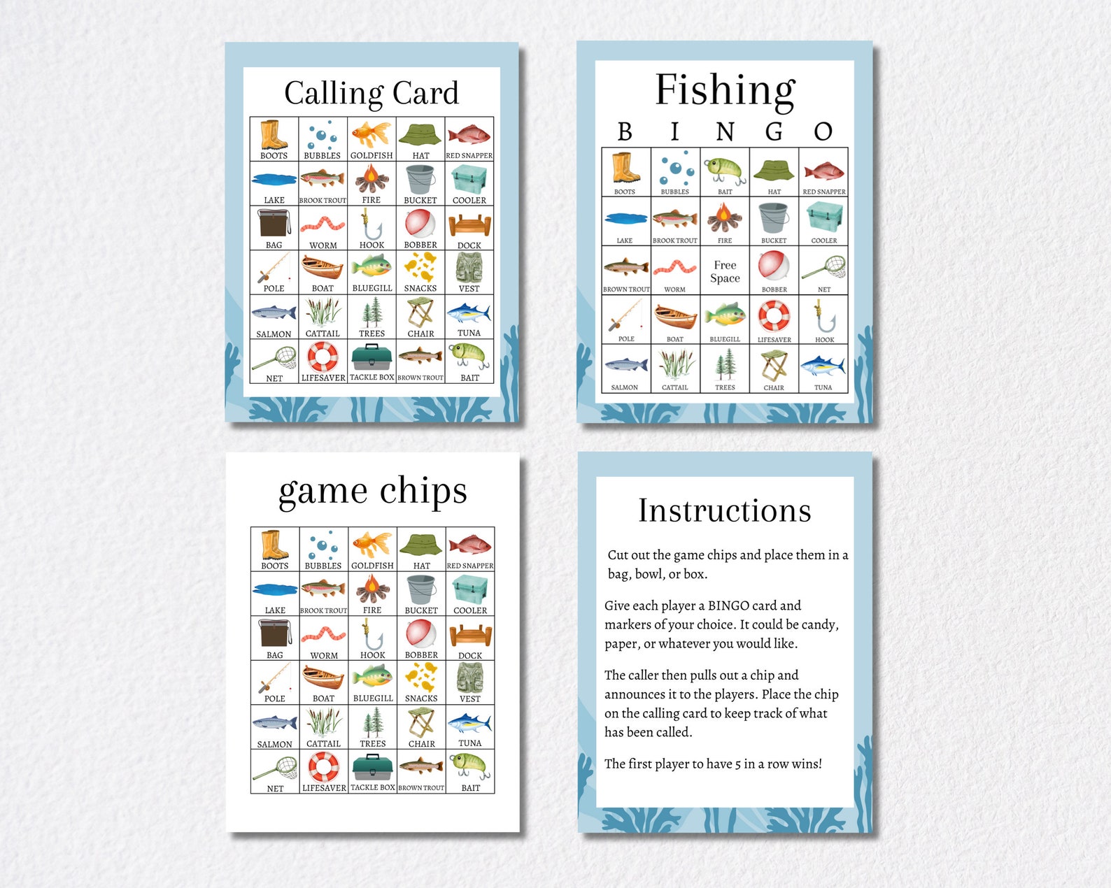 Fishing Bingo Cards, Fishing Birthday Party Game for Kids and Adults ...