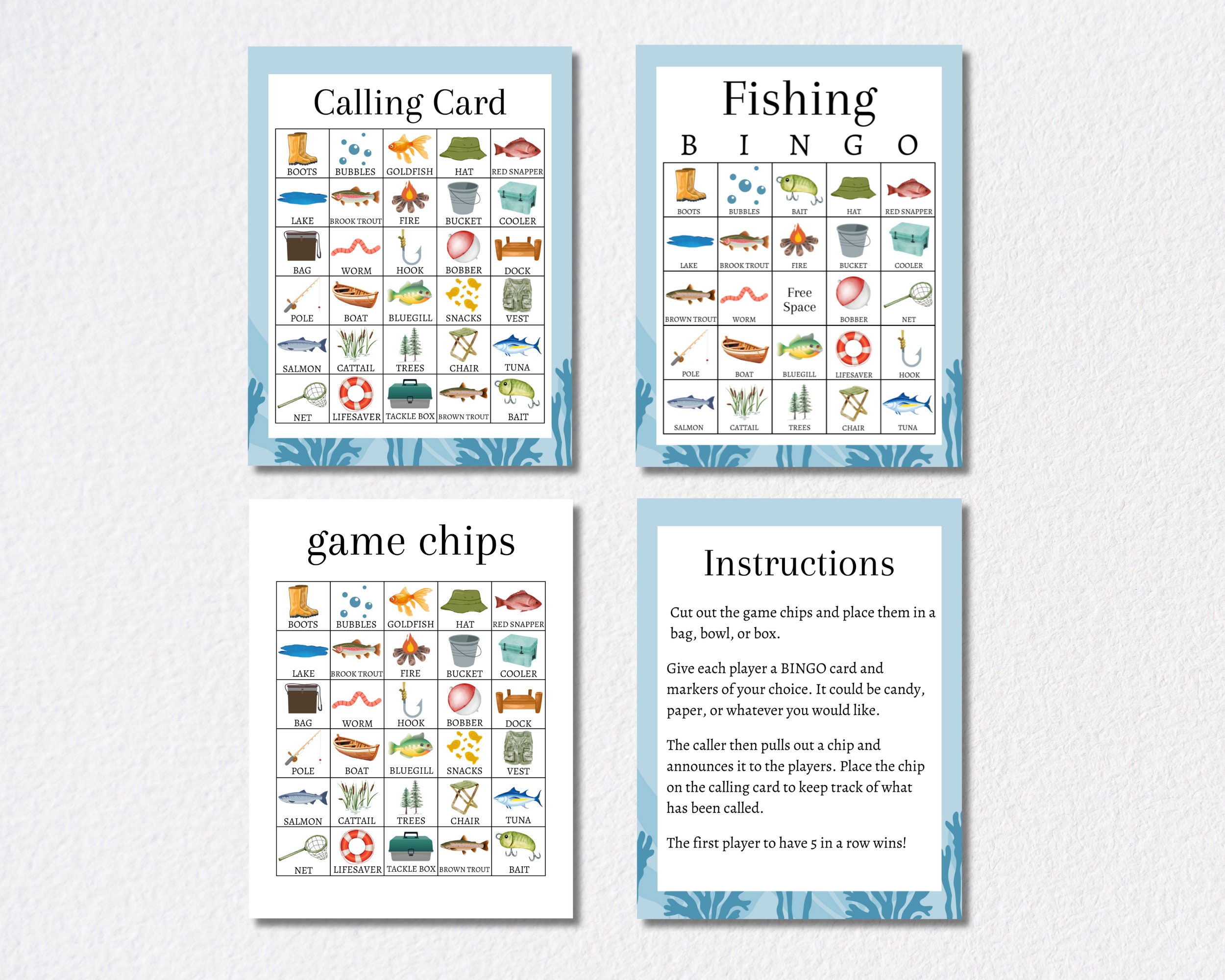 Fishing Bingo Cards, Fishing Birthday Party Game for Kids and Adults ...