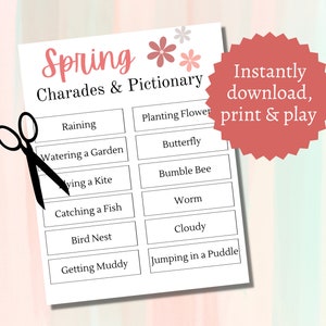 Spring Charades and Pictionary Cards, Printable Springtime Party Game ...