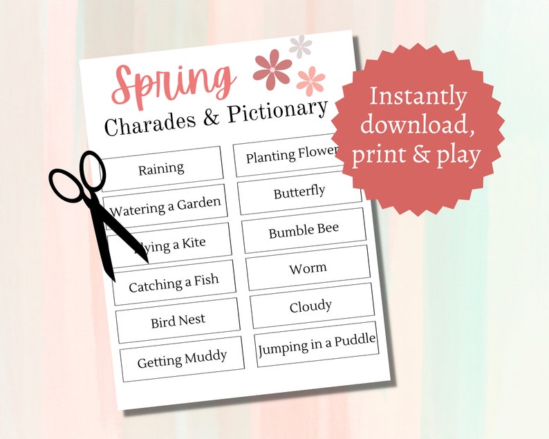 Spring Charades and Pictionary Cards, Printable Springtime Party Game ...
