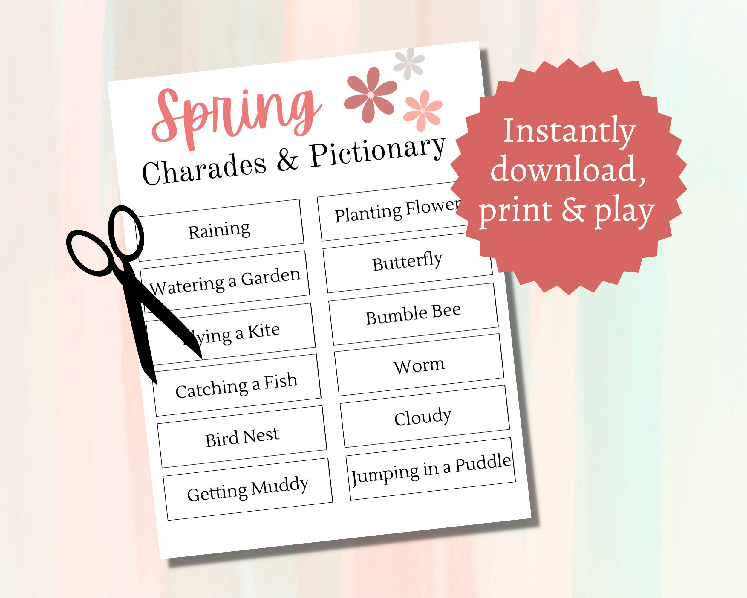 Spring Charades and Pictionary Cards, Printable Springtime Party Game ...