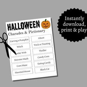 Halloween Charades, Printable Pictionary Cards, Halloween Party Game ...