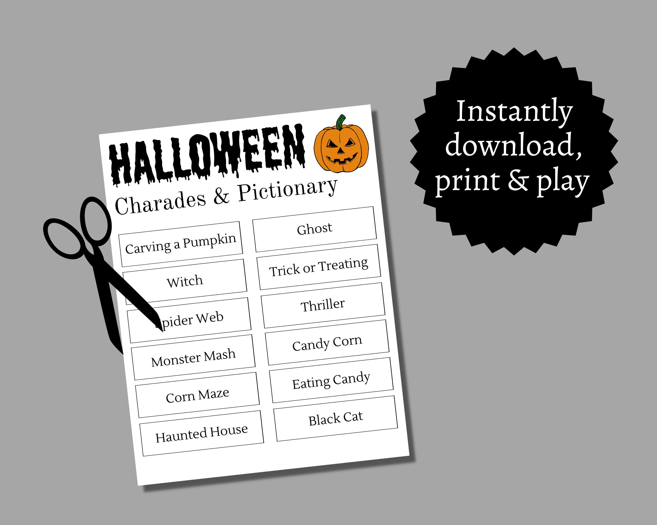 Halloween Charades, Printable Pictionary Cards, Halloween Party Game ...