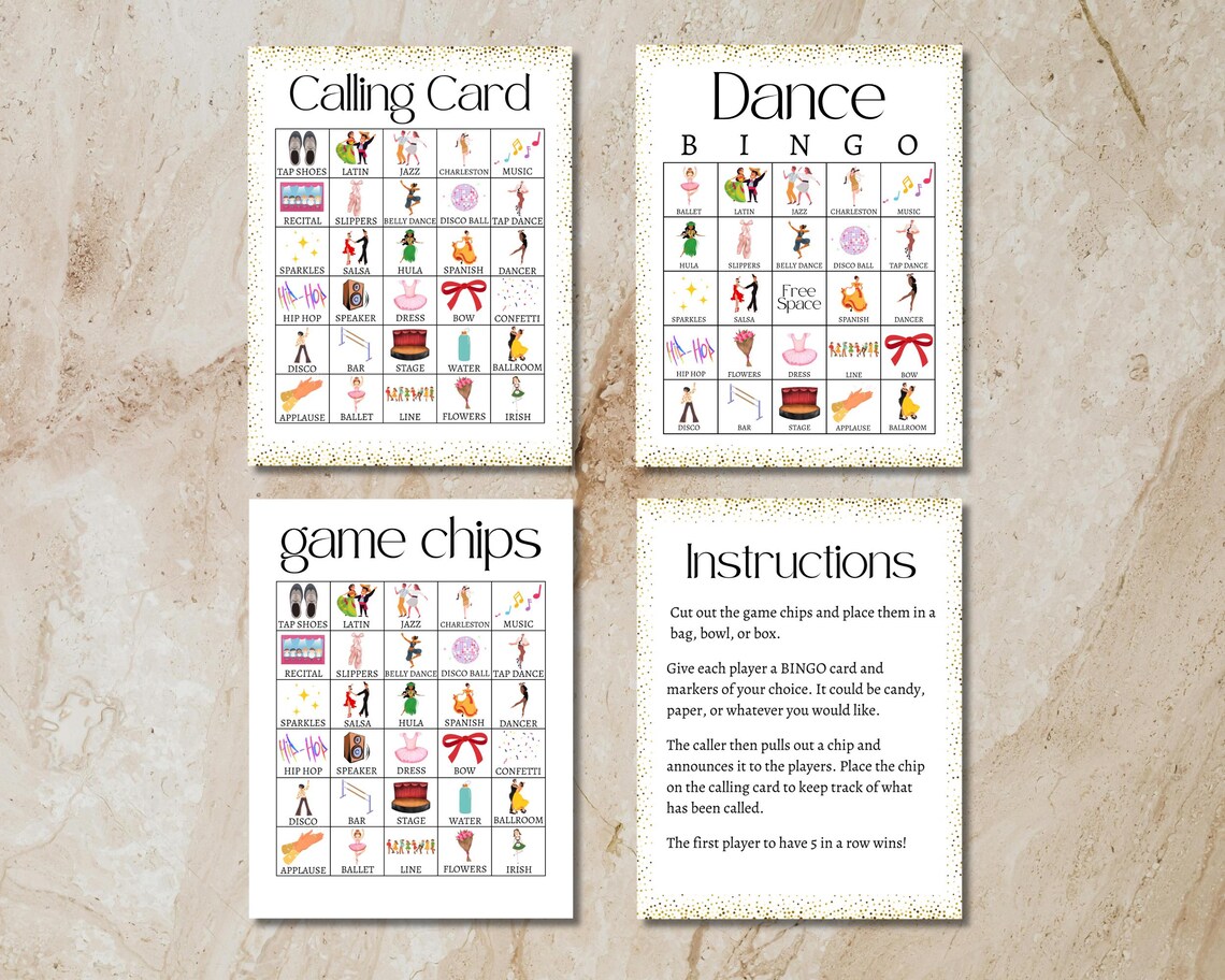 Dance Bingo Cards, Printable Dancer Party Game for Kids, Teens, and ...