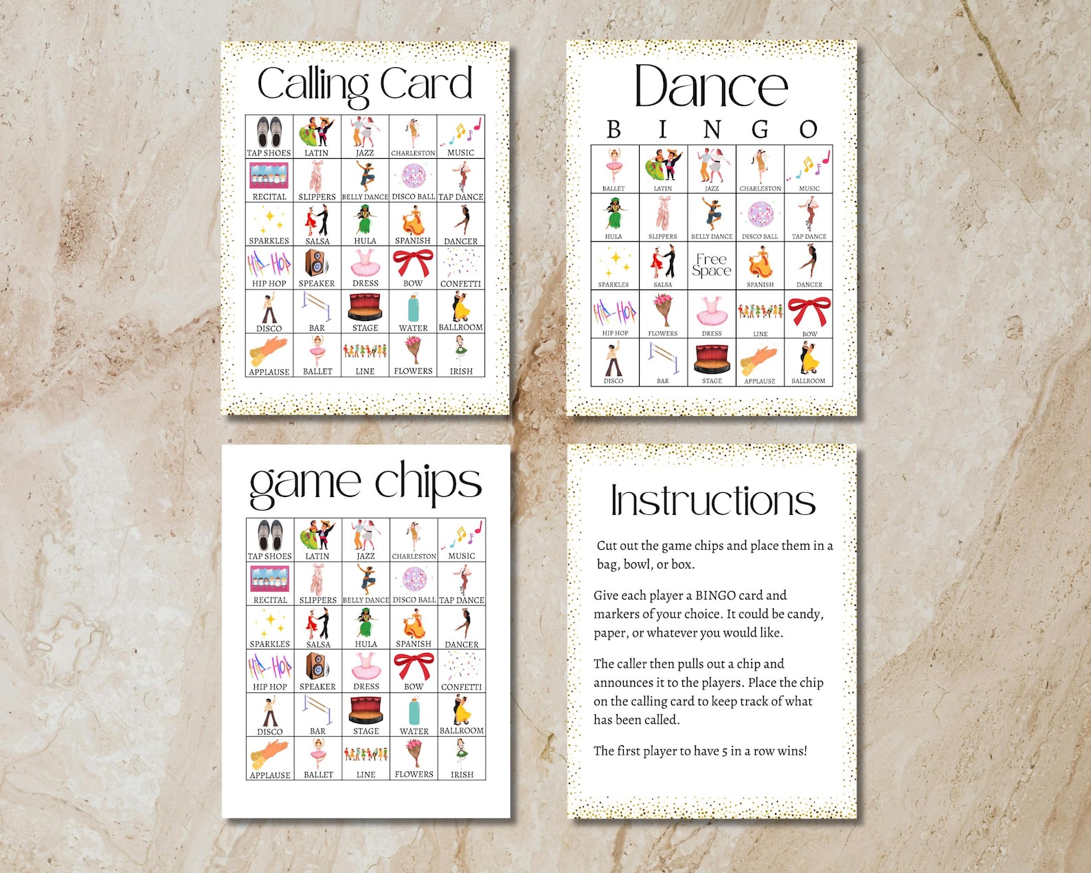 Dance Bingo Cards, Printable Dancer Party Game for Kids, Teens, and ...