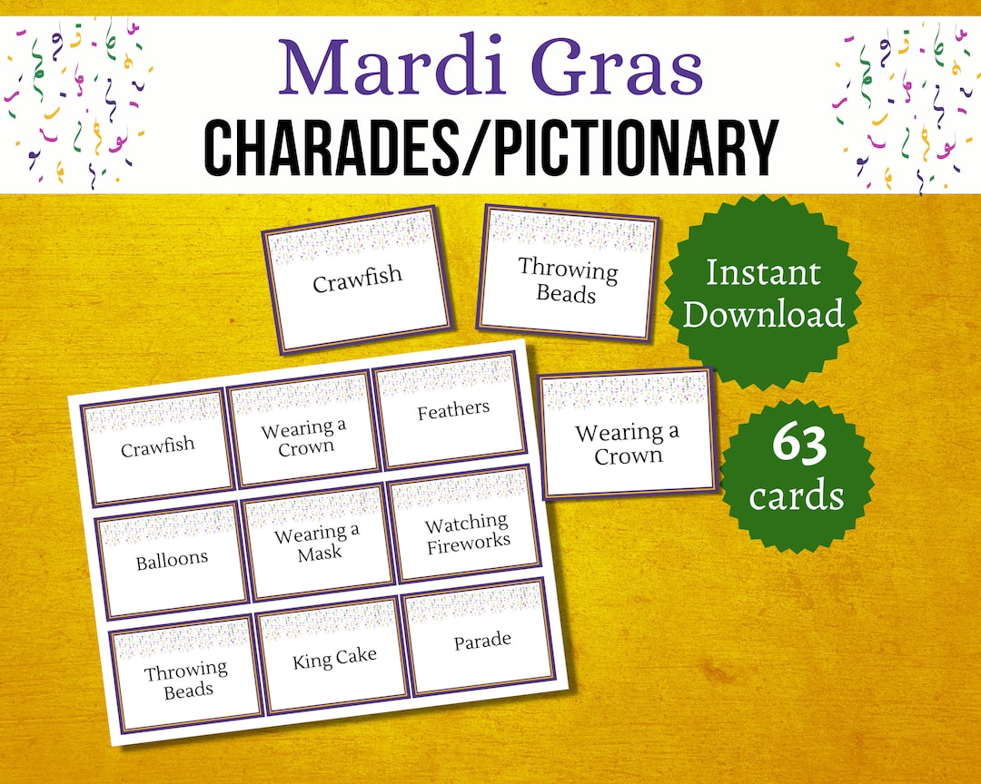 Mardi Gras Charades Cards, Printable Mardi Gras Group Party Game, Mardi ...