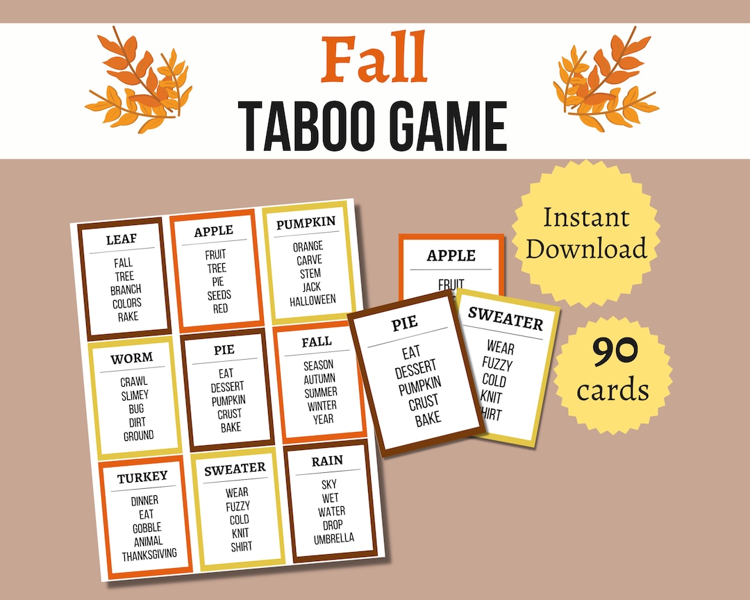 Fall Taboo Game, Printable Thanksgiving Activity, Autumn Party Game for ...