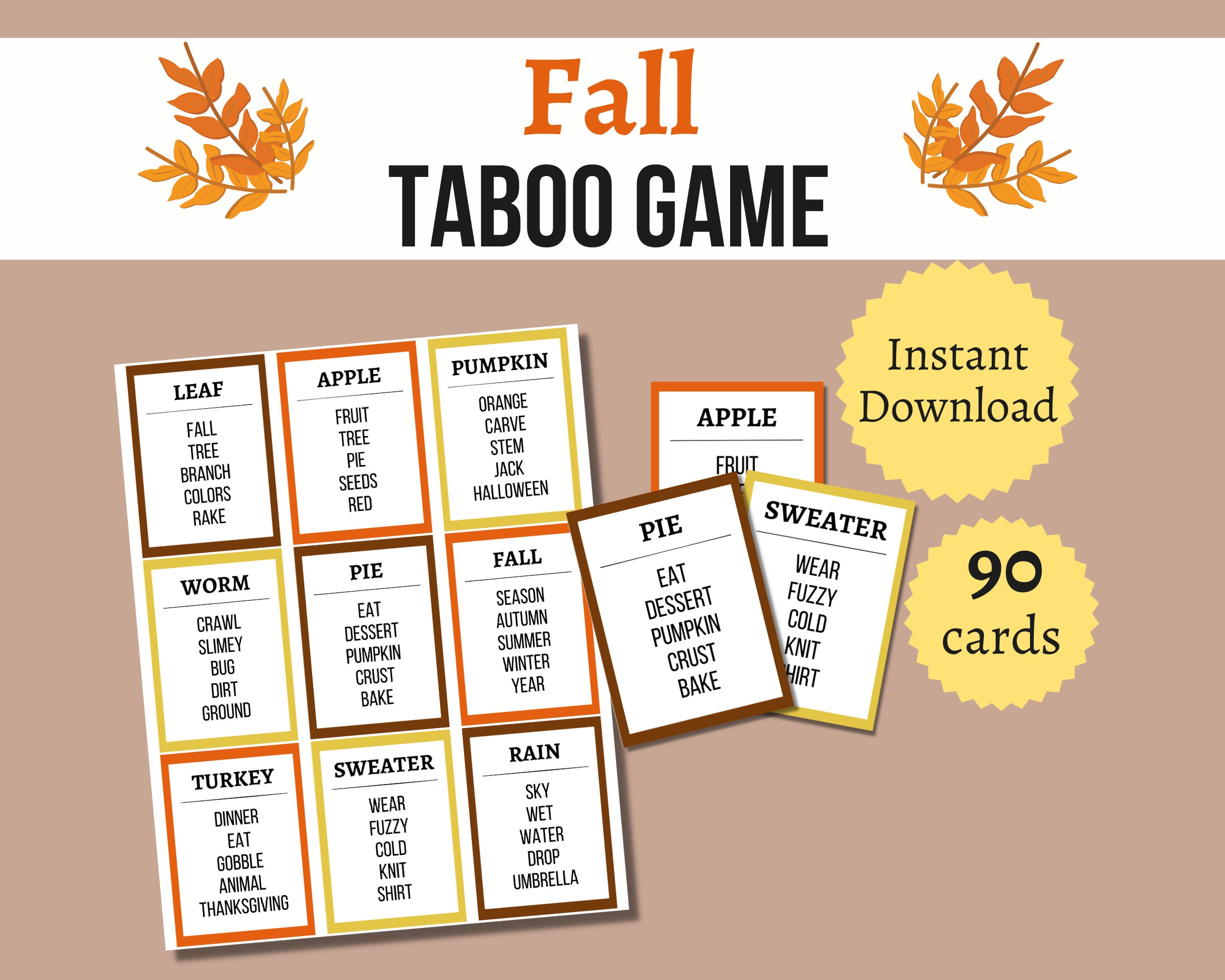 Fall Taboo Game, Printable Thanksgiving Activity, Autumn Party Game for ...
