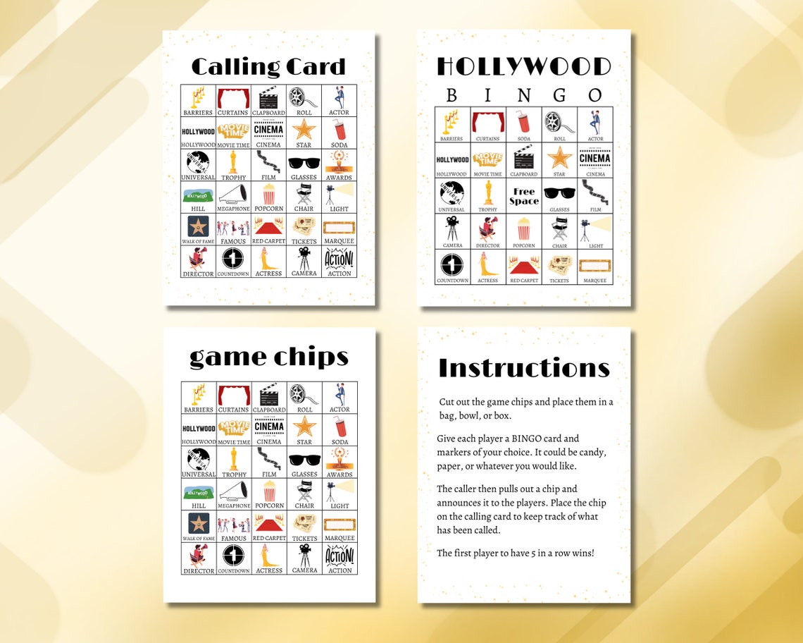 Hollywood Bingo Cards, Printable Movie Night Party Game, Includes Full ...
