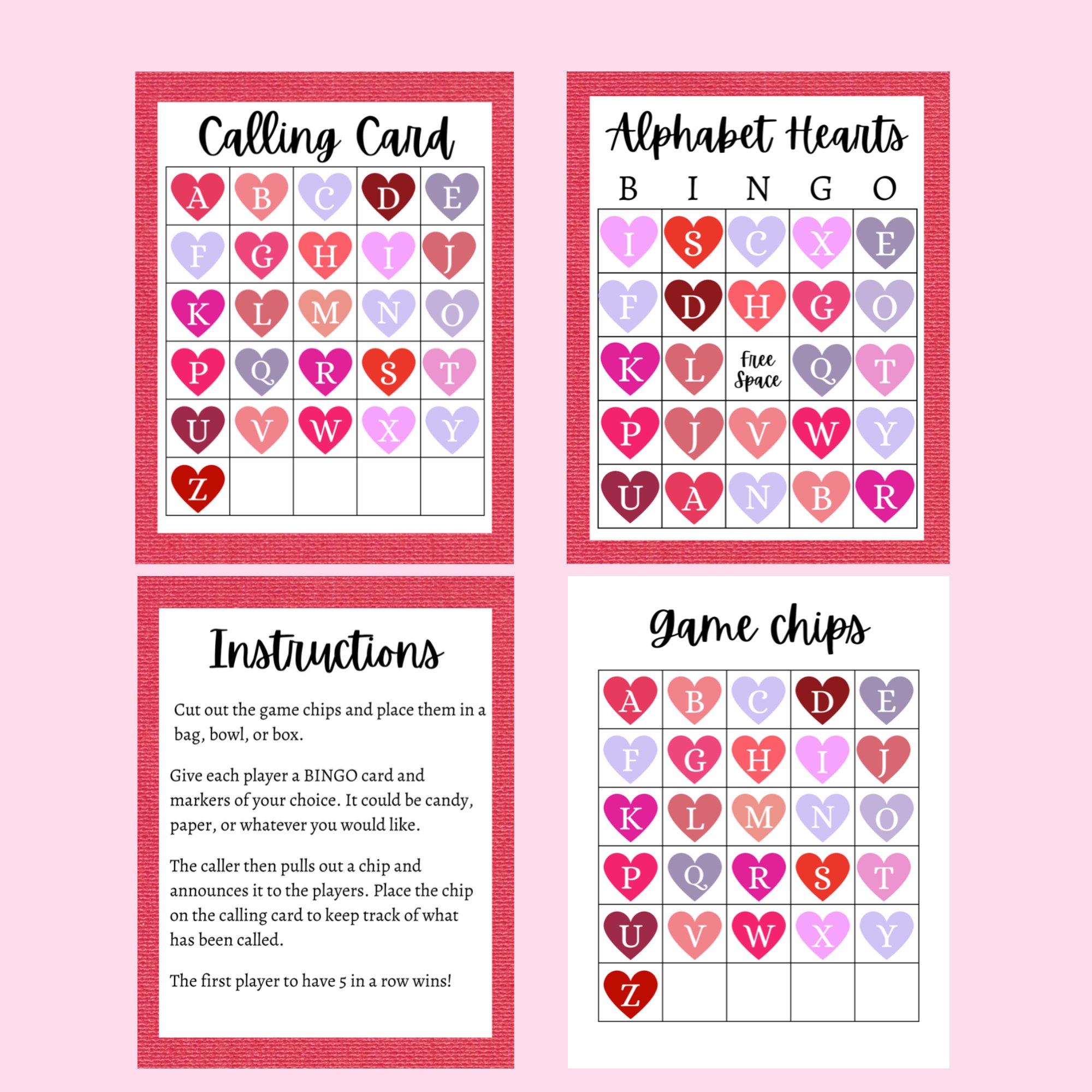 Valentine's Day Bingo Cards for Little Kids, Printable Alphabet Hearts ...