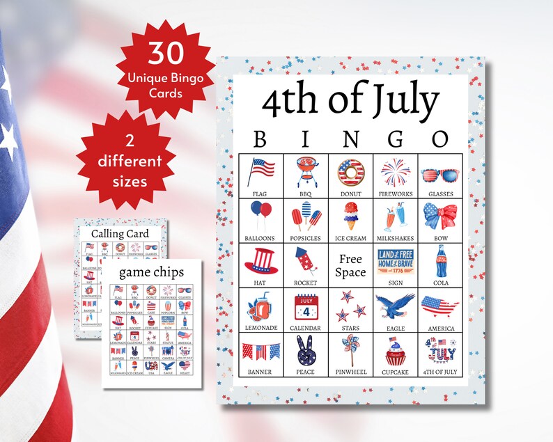 4th of July Bingo Cards, Independence Day Activity, Printable Fourth of ...