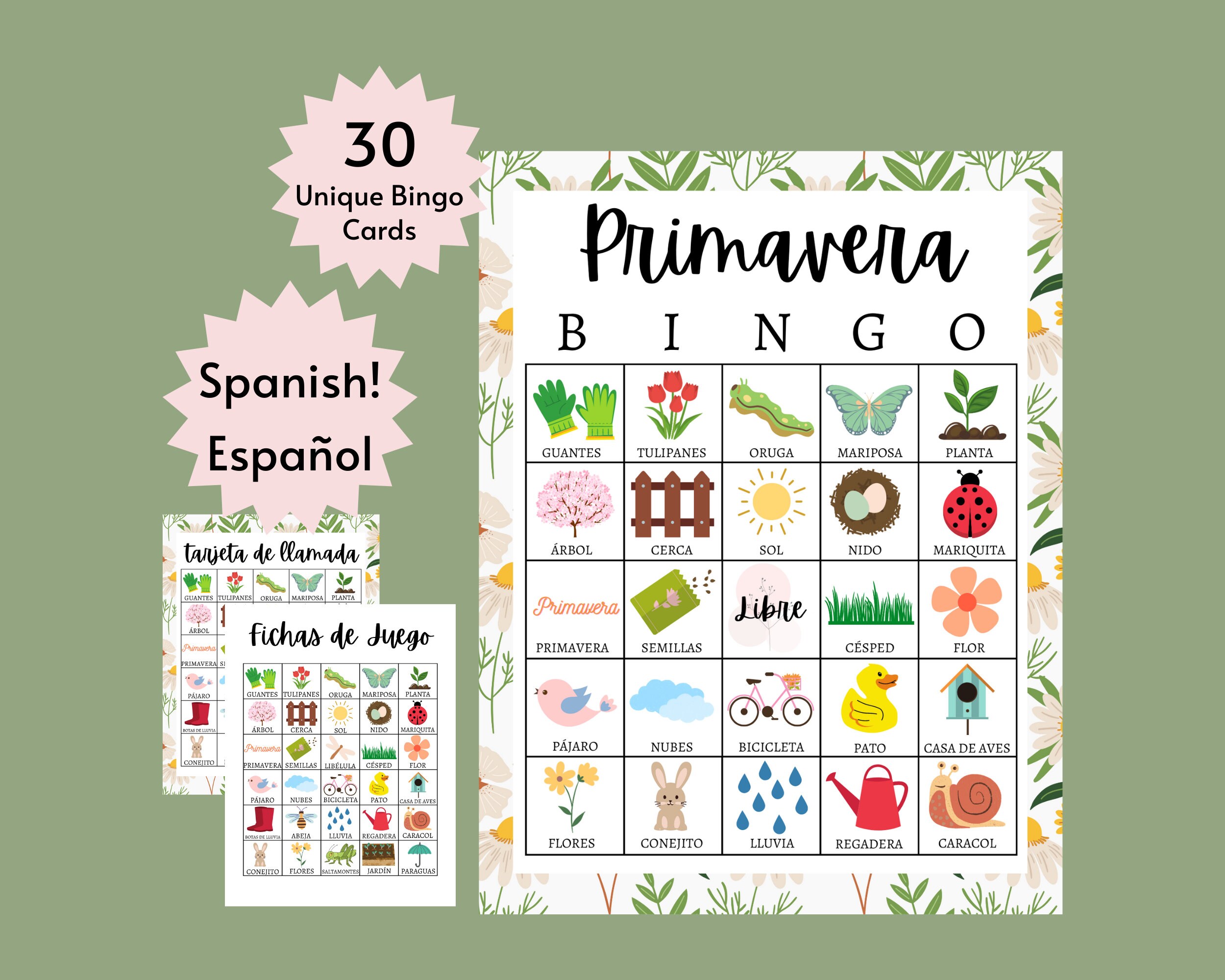 Tarjetas de bingo de primavera en español, juegos de fiesta de ...