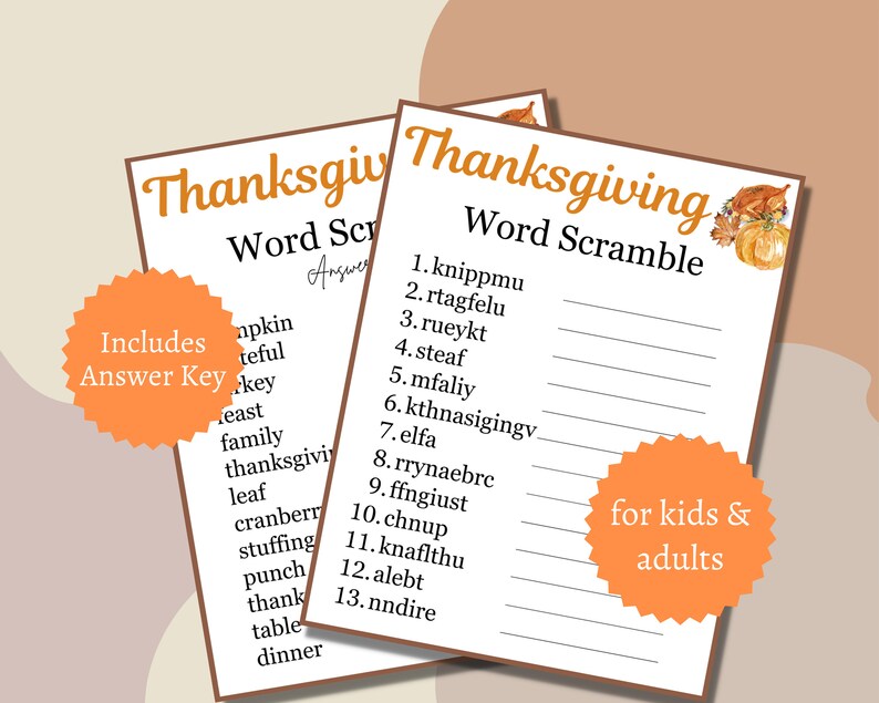 Thanksgiving Word Scramble, Printable Thanksgiving Party Game, Fall ...