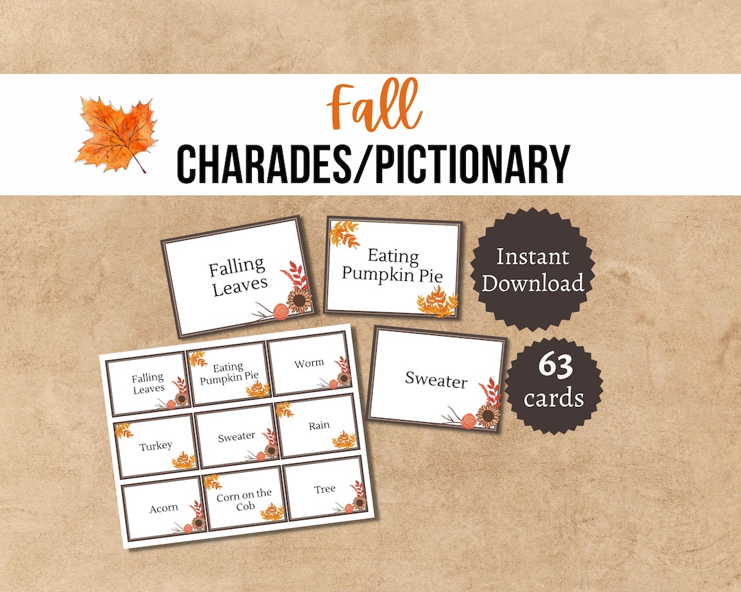 Fall Charades, Printable Autumn Pictionary Cards, Easy Fall Time Party ...