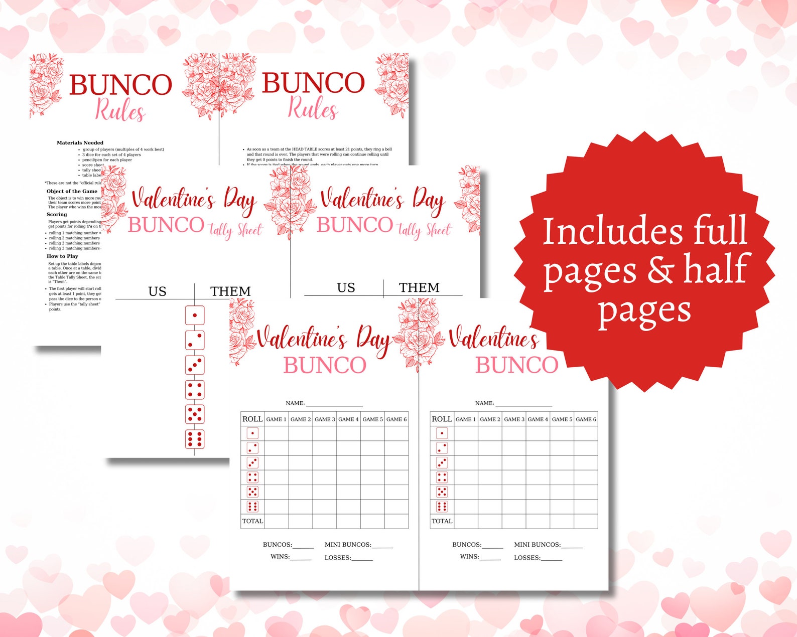 Valentine's Day Bunco, Printable Bunco Cards Bundle, Valentine's Party ...