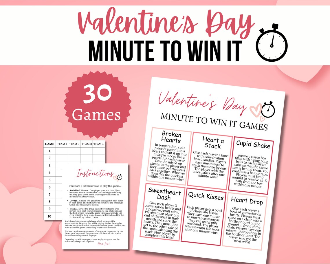 Valentine's Day Minute to Win It Games, Printable Valentine Party Games ...