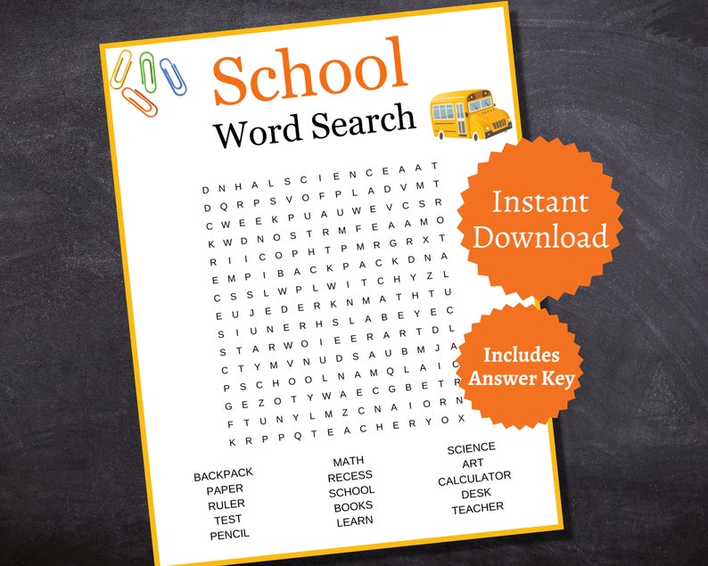 School Word Search, Back to School Party Game, Classroom Activity for ...