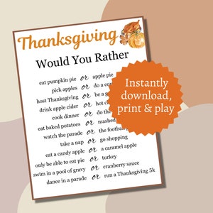 Thanksgiving Would You Rather Game, Printable Family Dinner Activity ...