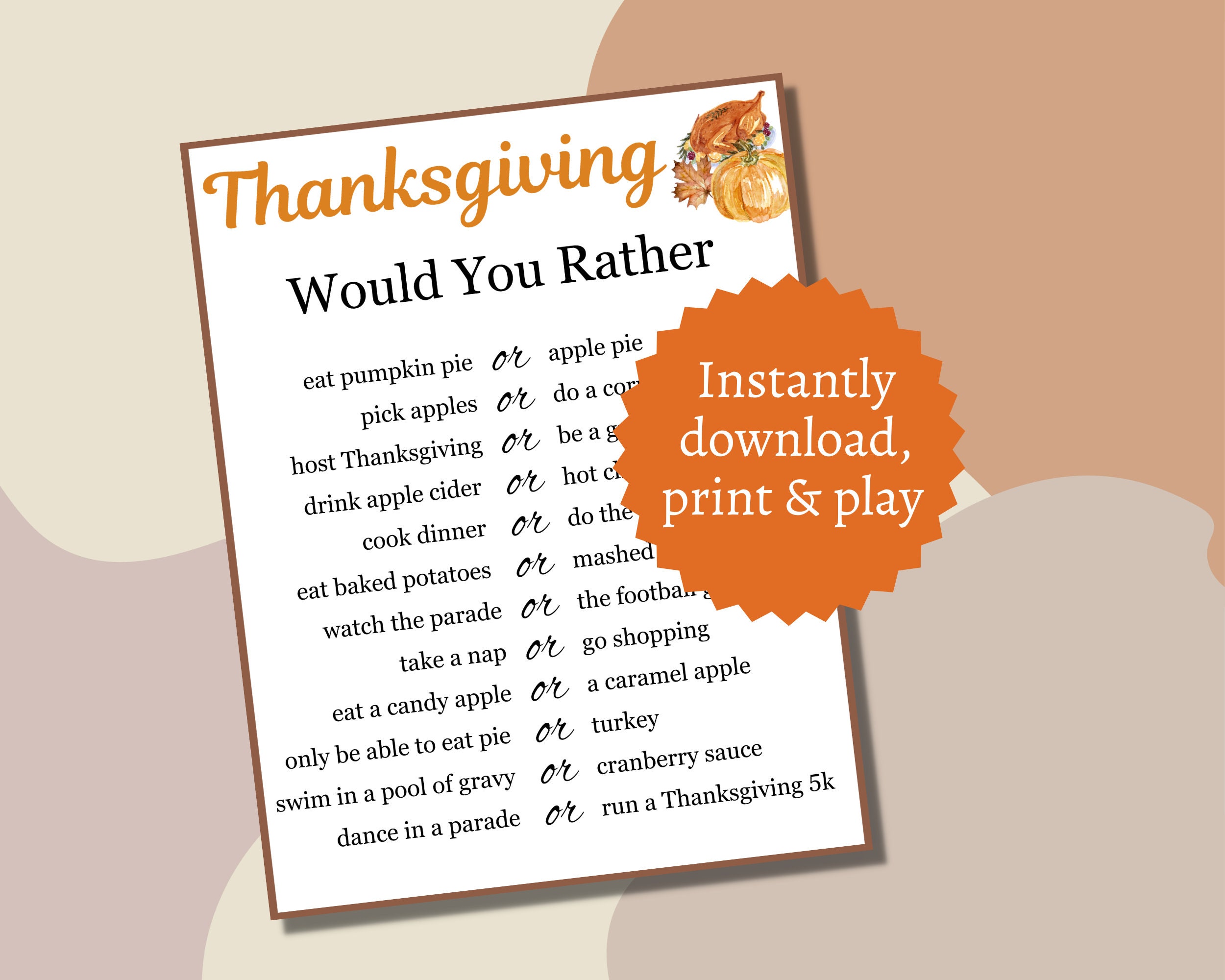 Thanksgiving Would You Rather Game, Printable Family Dinner Activity ...