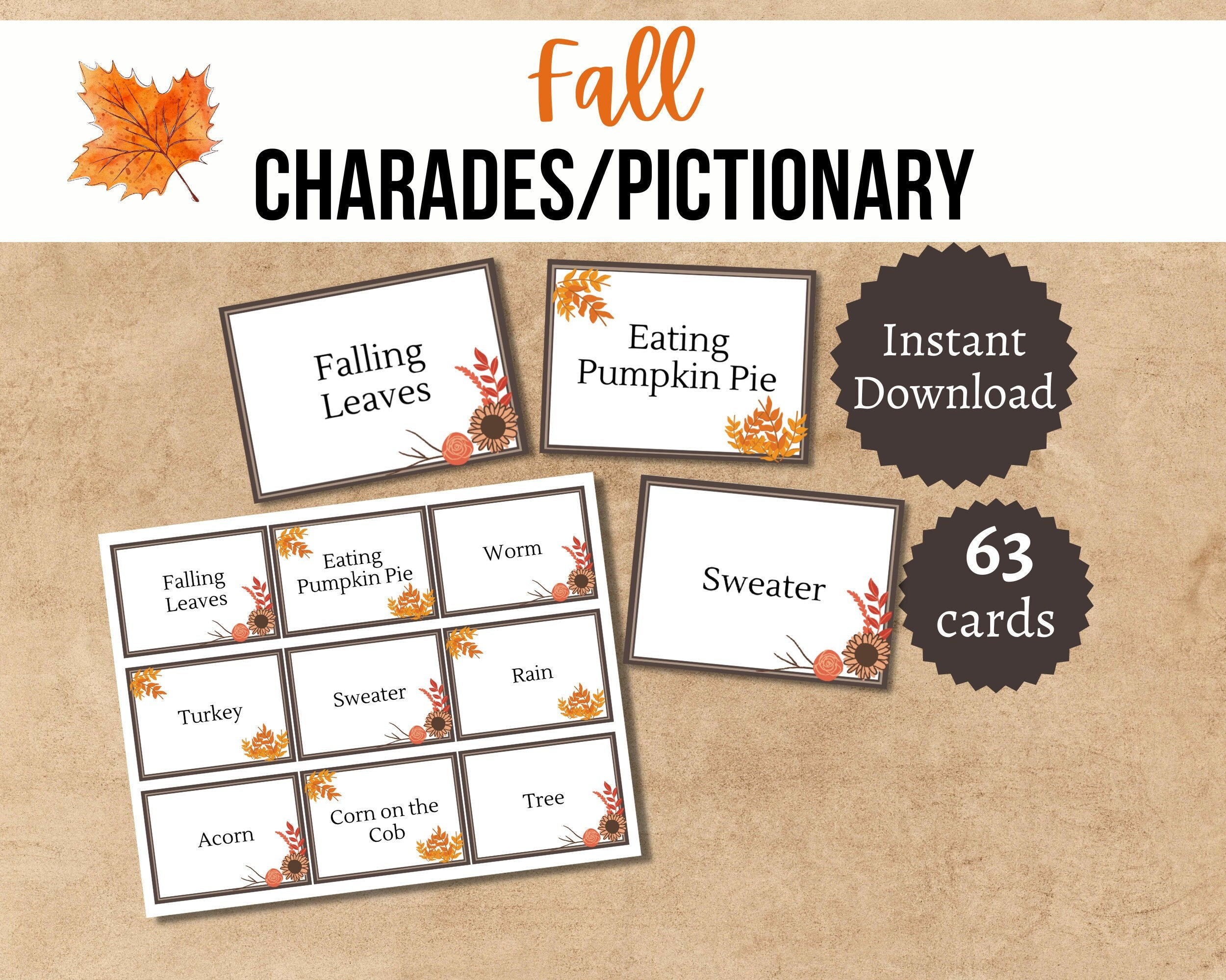 Fall Charades, Printable Autumn Pictionary Cards, Easy Fall Time Party ...