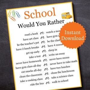 School-themed Would You Rather Game, Printable Back to School Activity ...