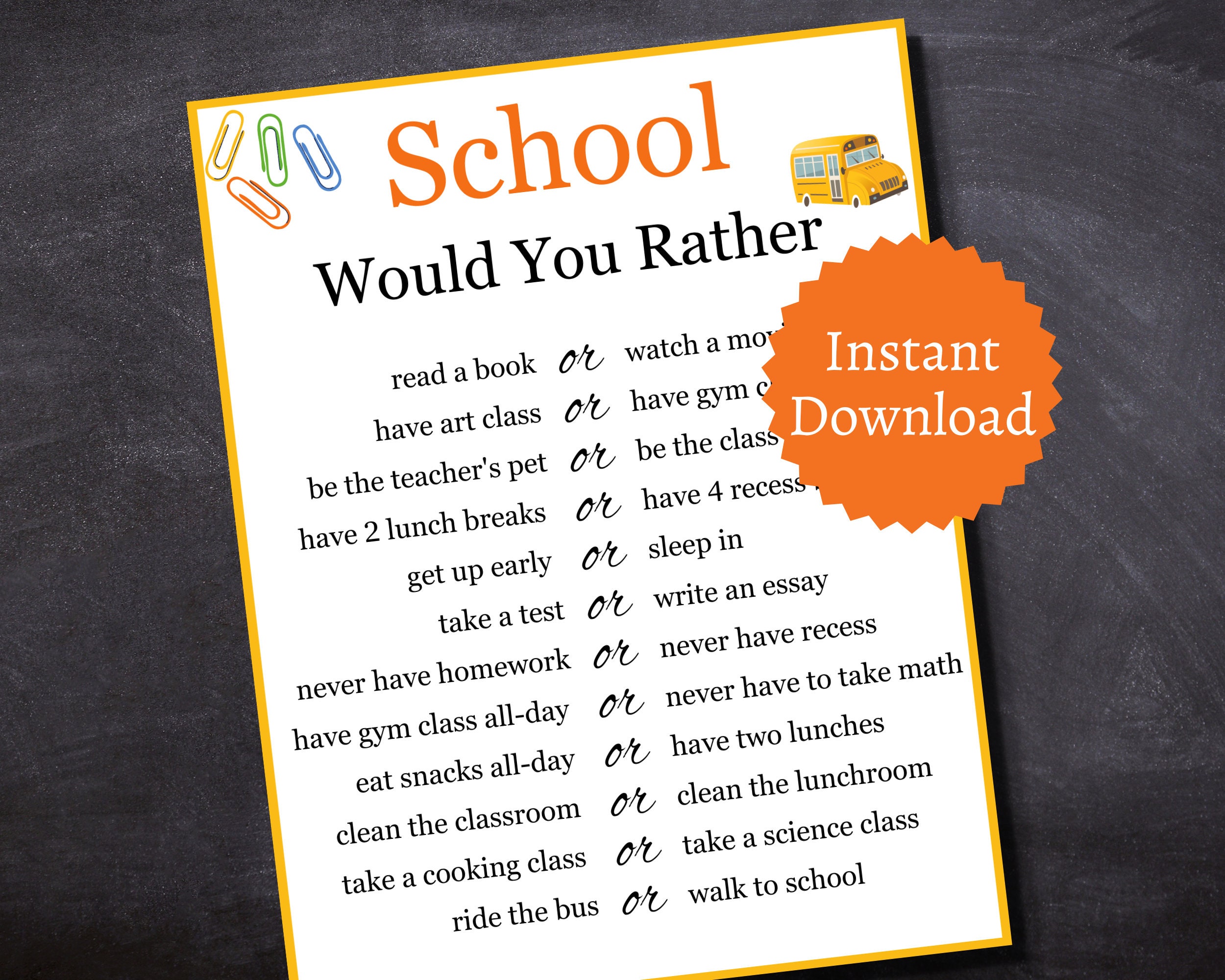 School-themed Would You Rather Game, Printable Back to School Activity ...