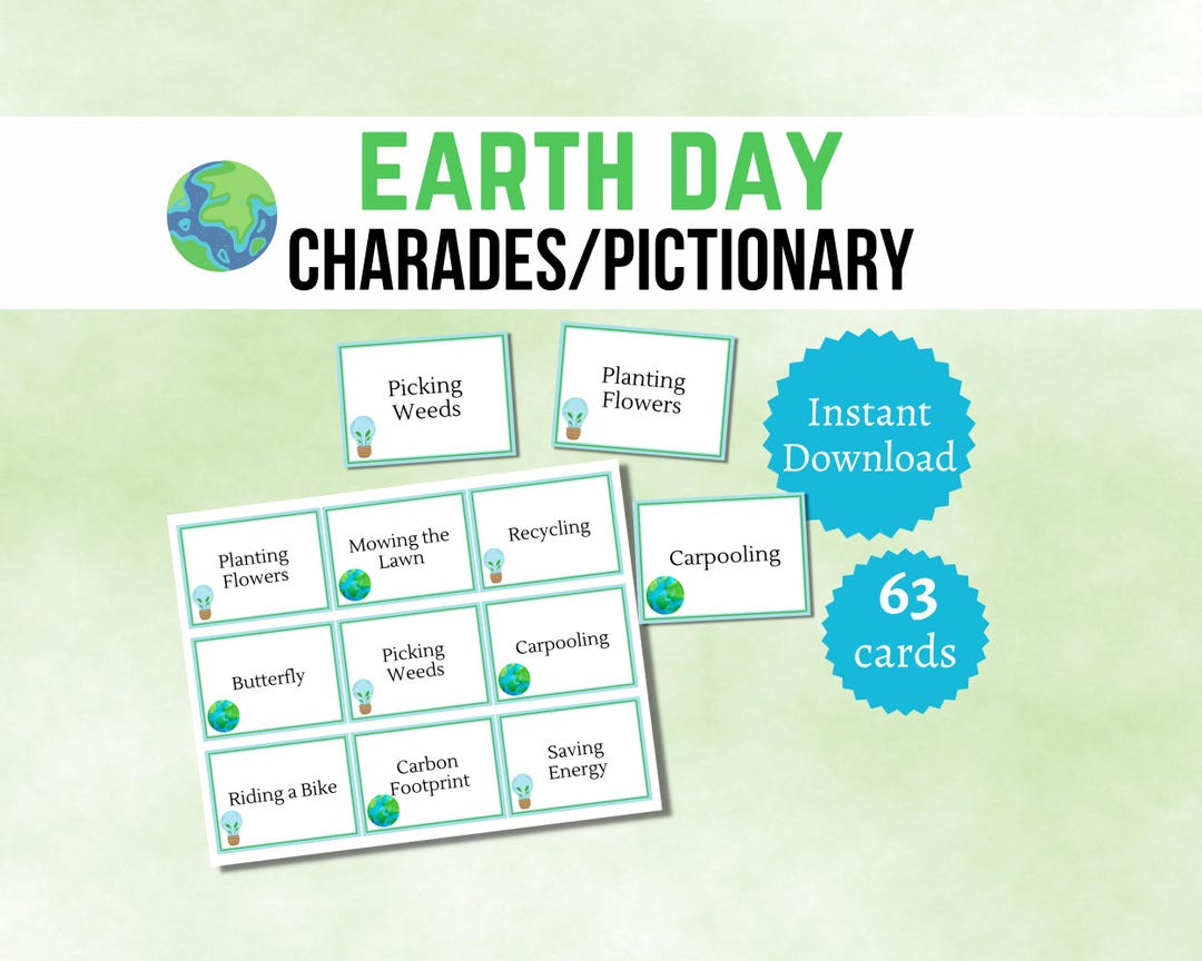 Earth Day Charades and Pictionary Cards, Printable Earth Day Party ...