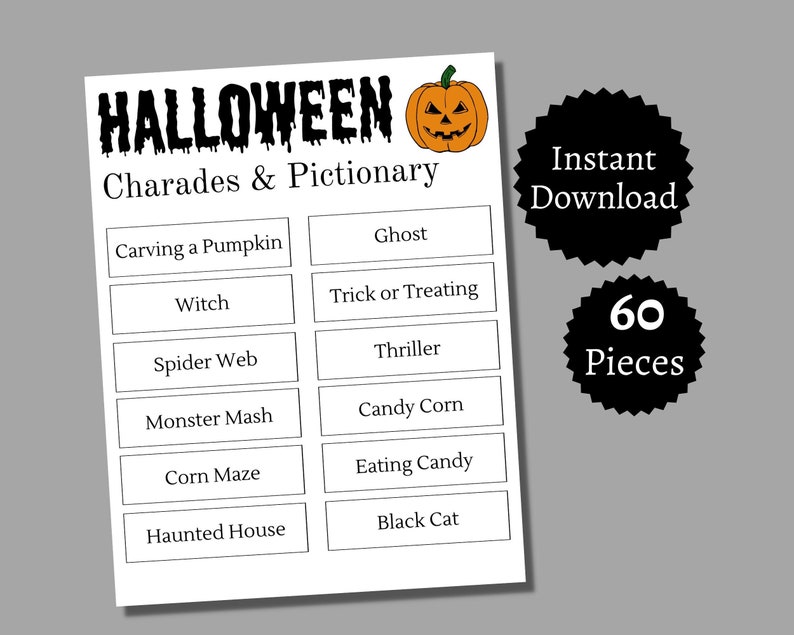 Halloween Charades, Printable Pictionary Cards, Halloween Party Game ...