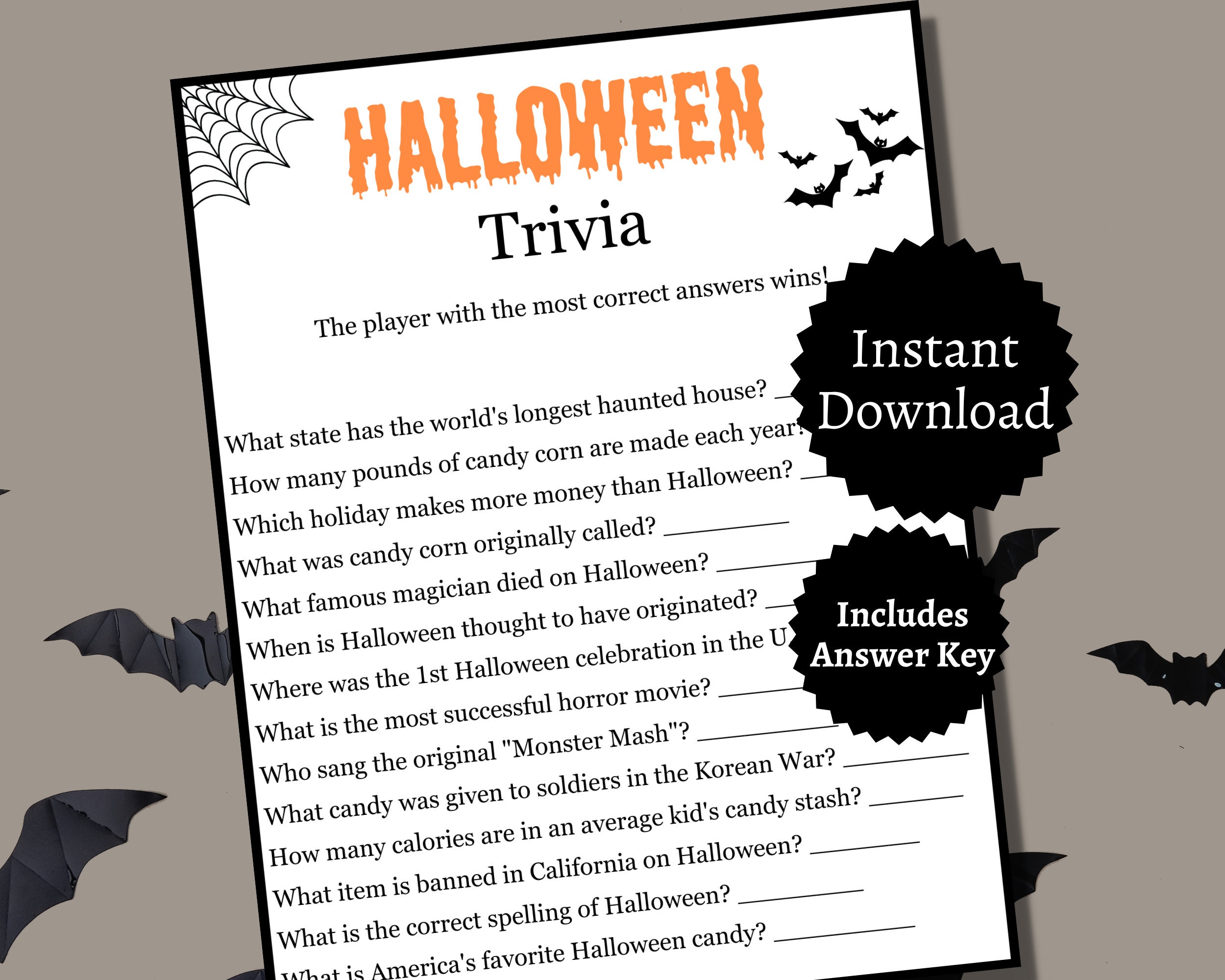 Halloween Trivia Game, Printable Halloween Trivia, Halloween Party Game ...