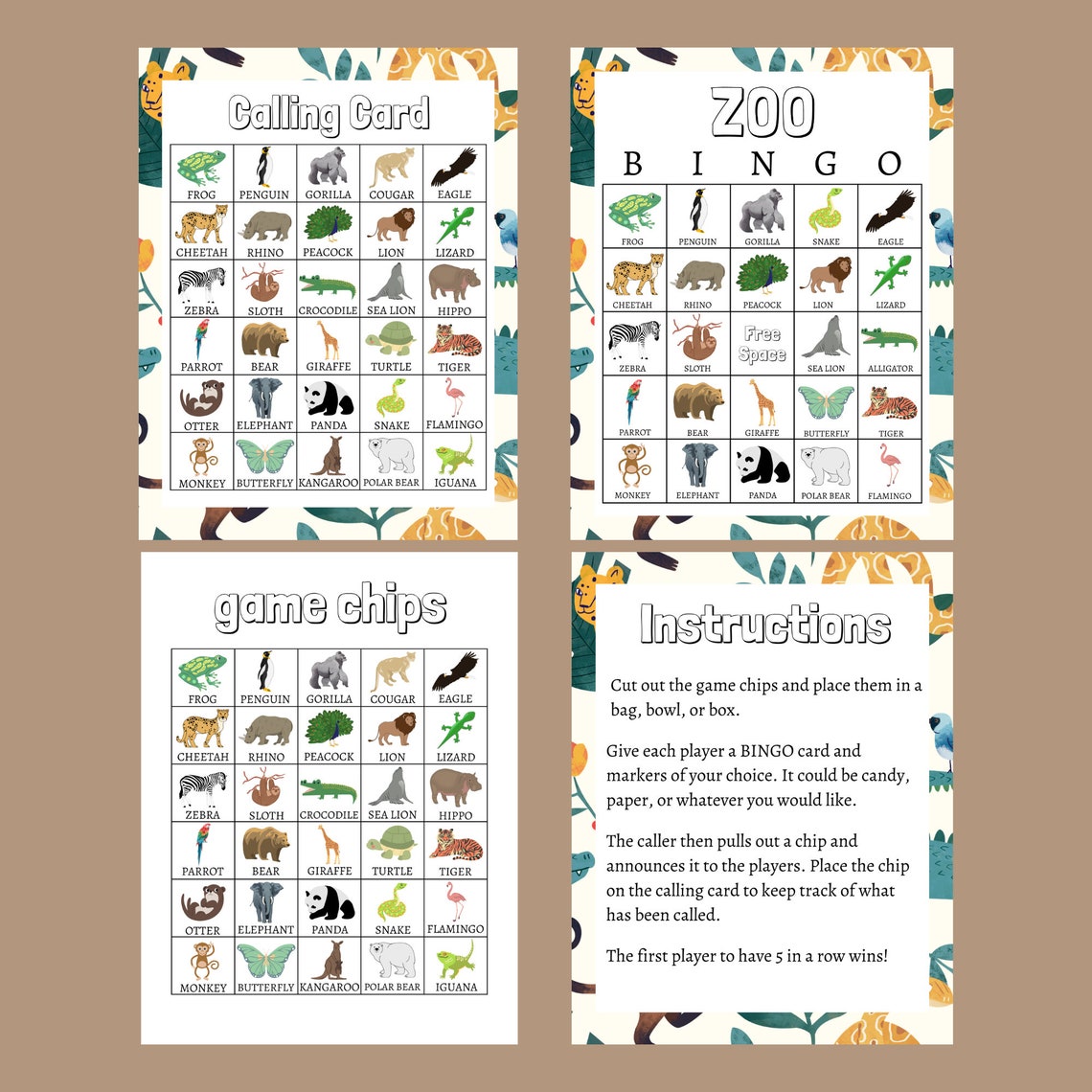 Zoo Bingo, Zoo Animals Game, Animal Bingo, Printable Bingo Game for ...