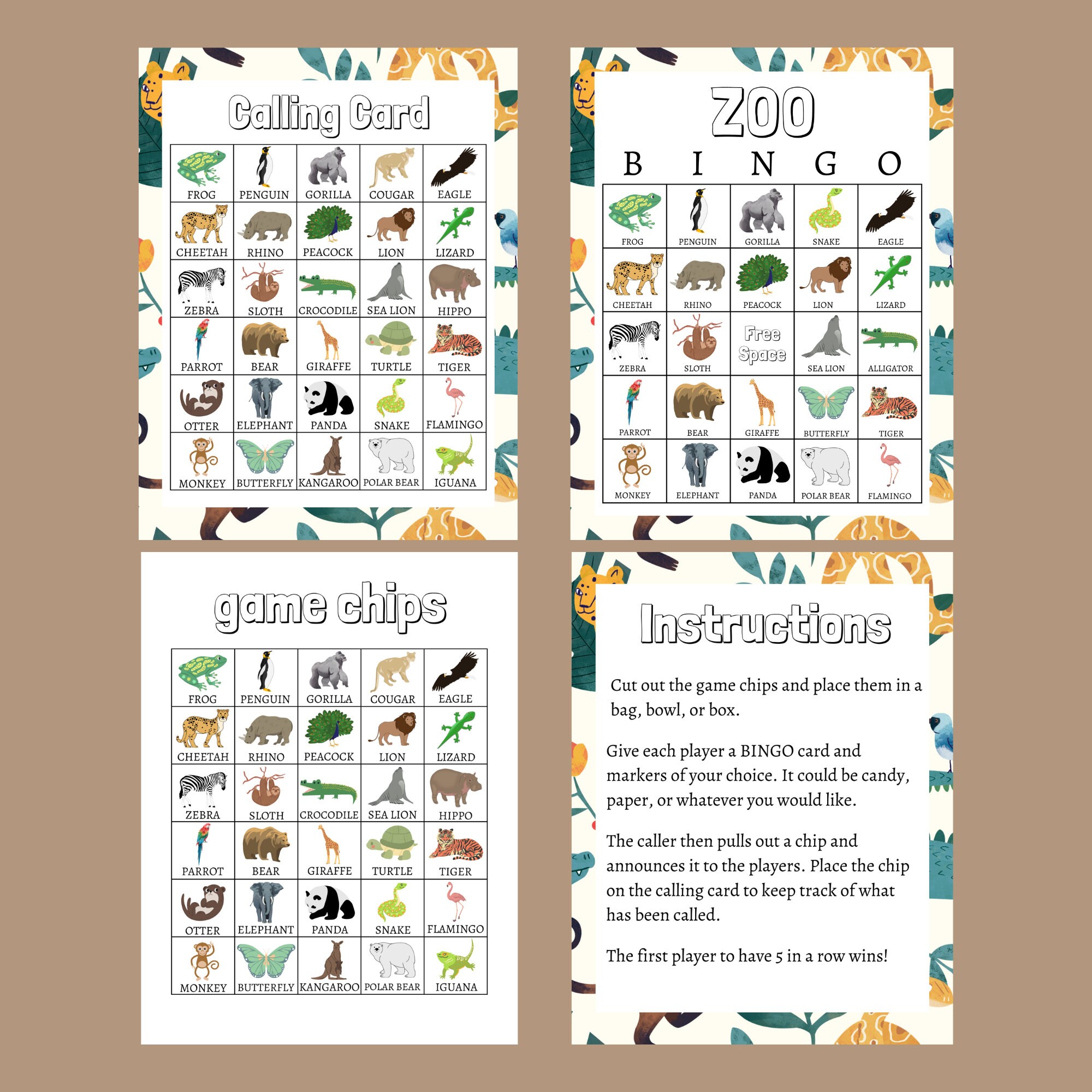 Zoo Bingo, Zoo Animals Game, Animal Bingo, Printable Bingo Game for ...