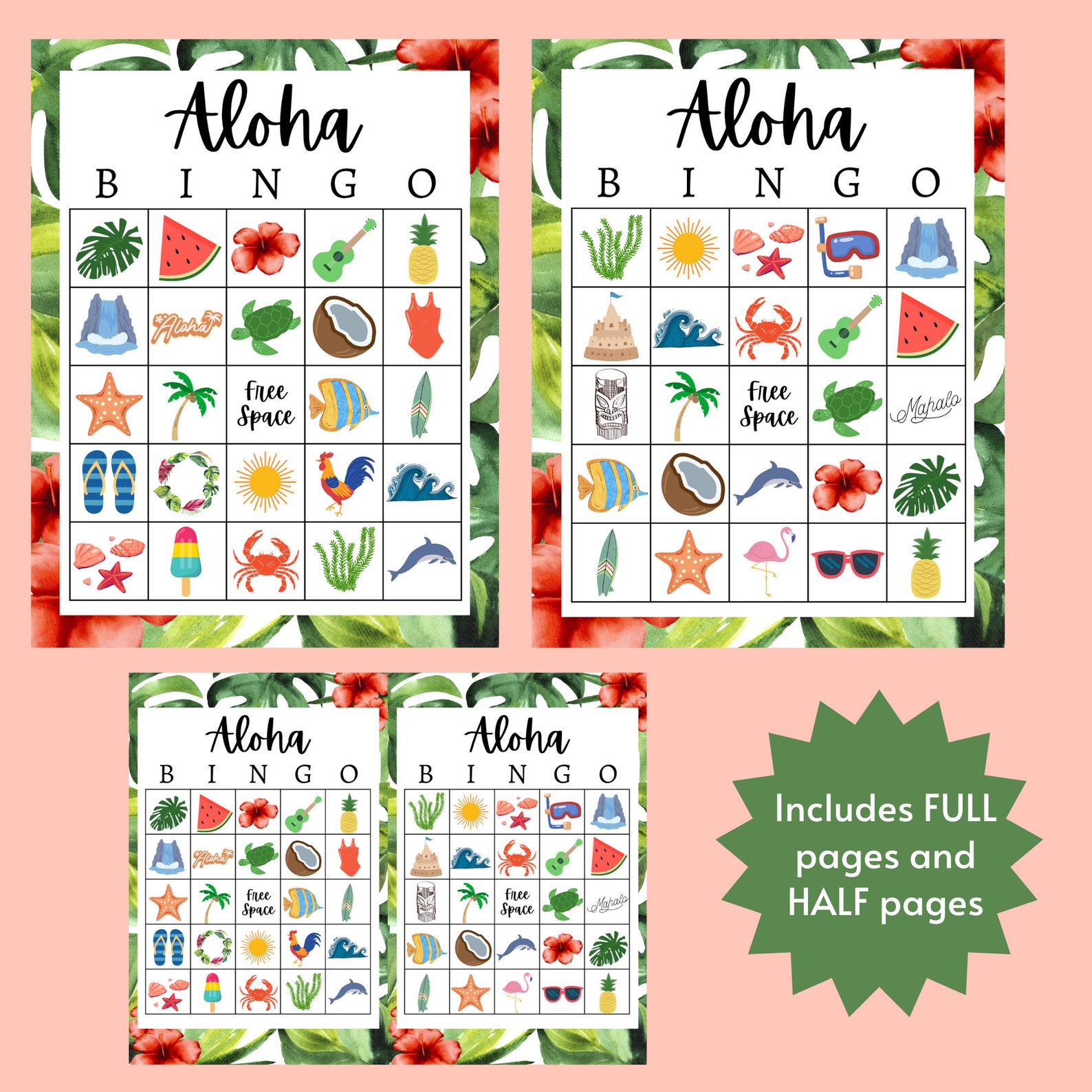 Aloha Bingo Cards, Summer Luau Party Game for Kids, Teens, and Adults ...