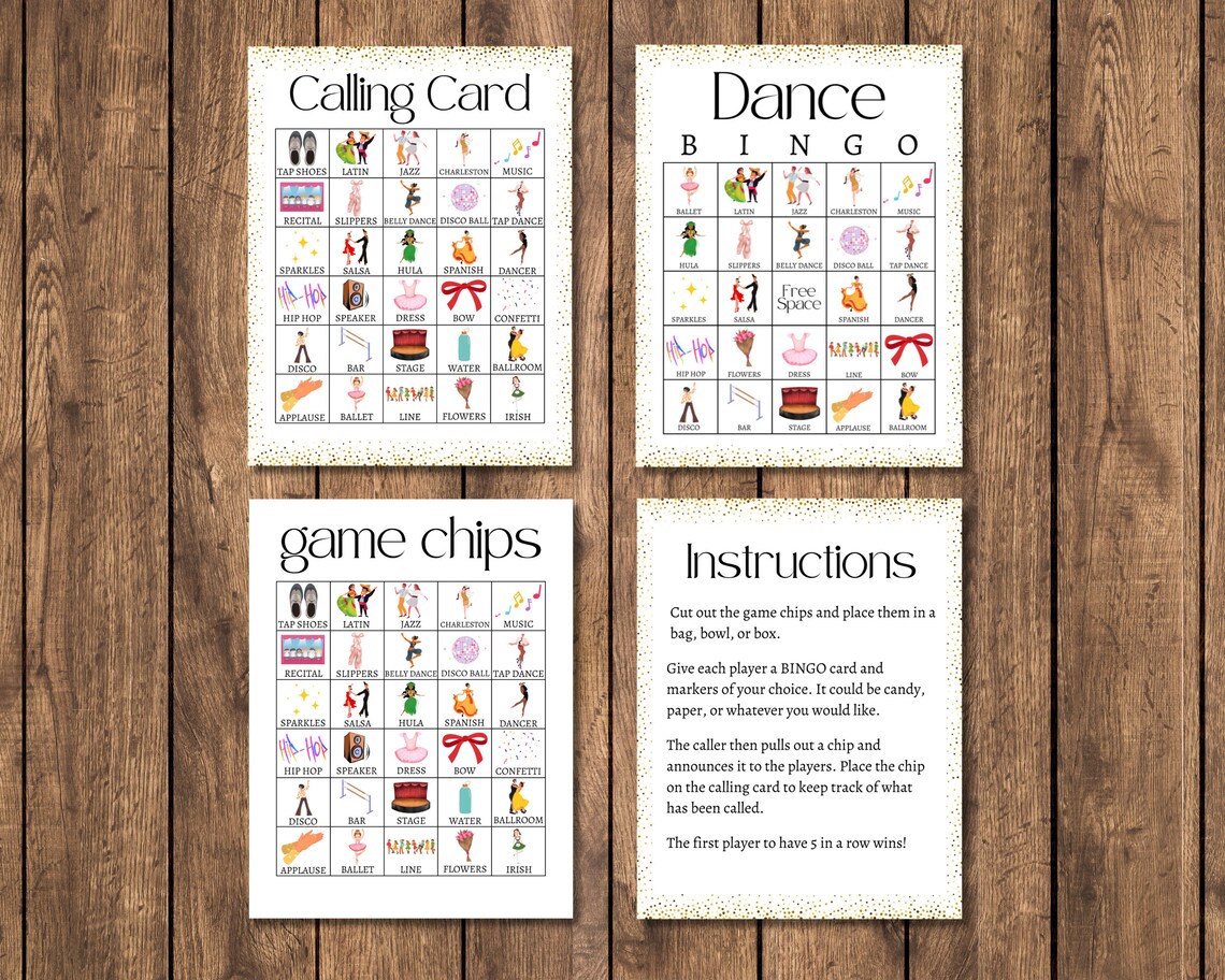 Dance Bingo Cards, Printable Dancer Party Game for Kids, Teens, and ...