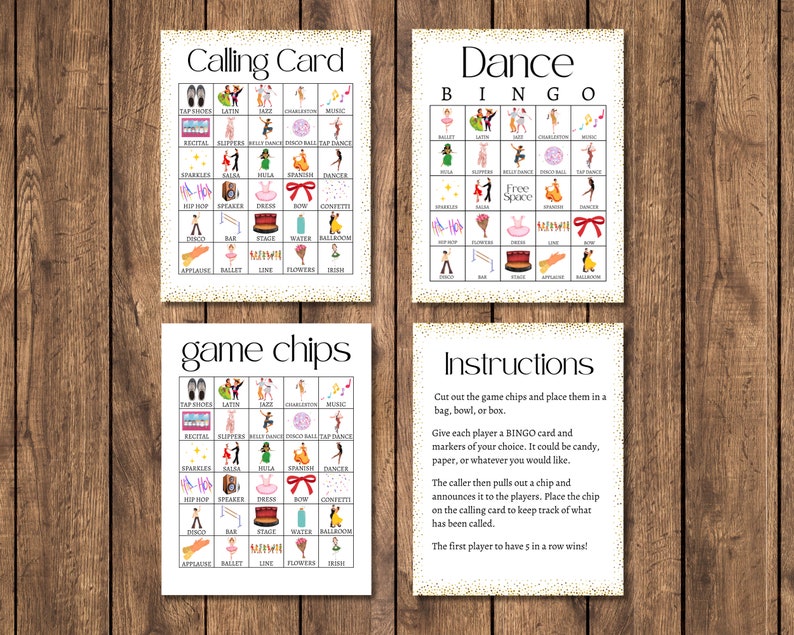 Dance Bingo Cards, Printable Dancer Party Game for Kids, Teens, and ...