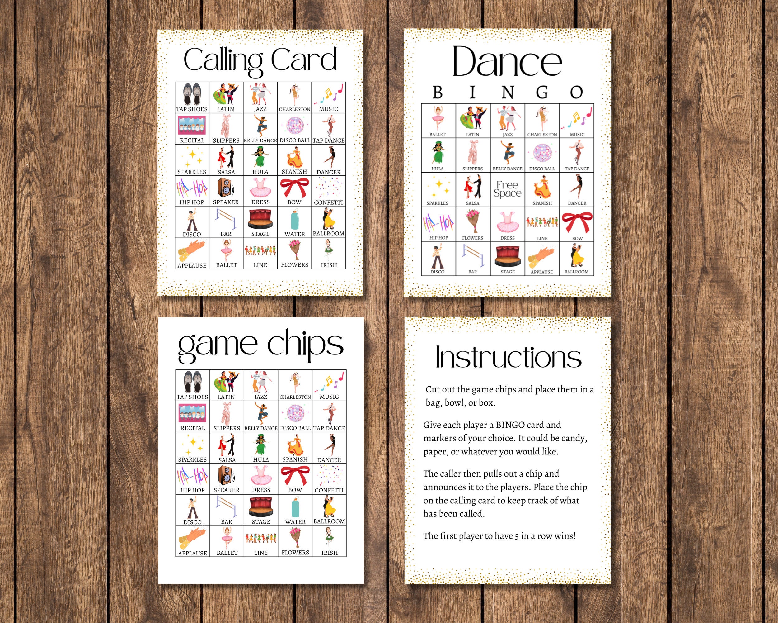 Dance Bingo Cards, Printable Dancer Party Game for Kids, Teens, and ...