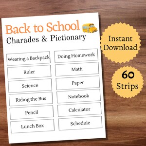 Back to School Charades, Printable Classroom Pictionary Cards, School ...