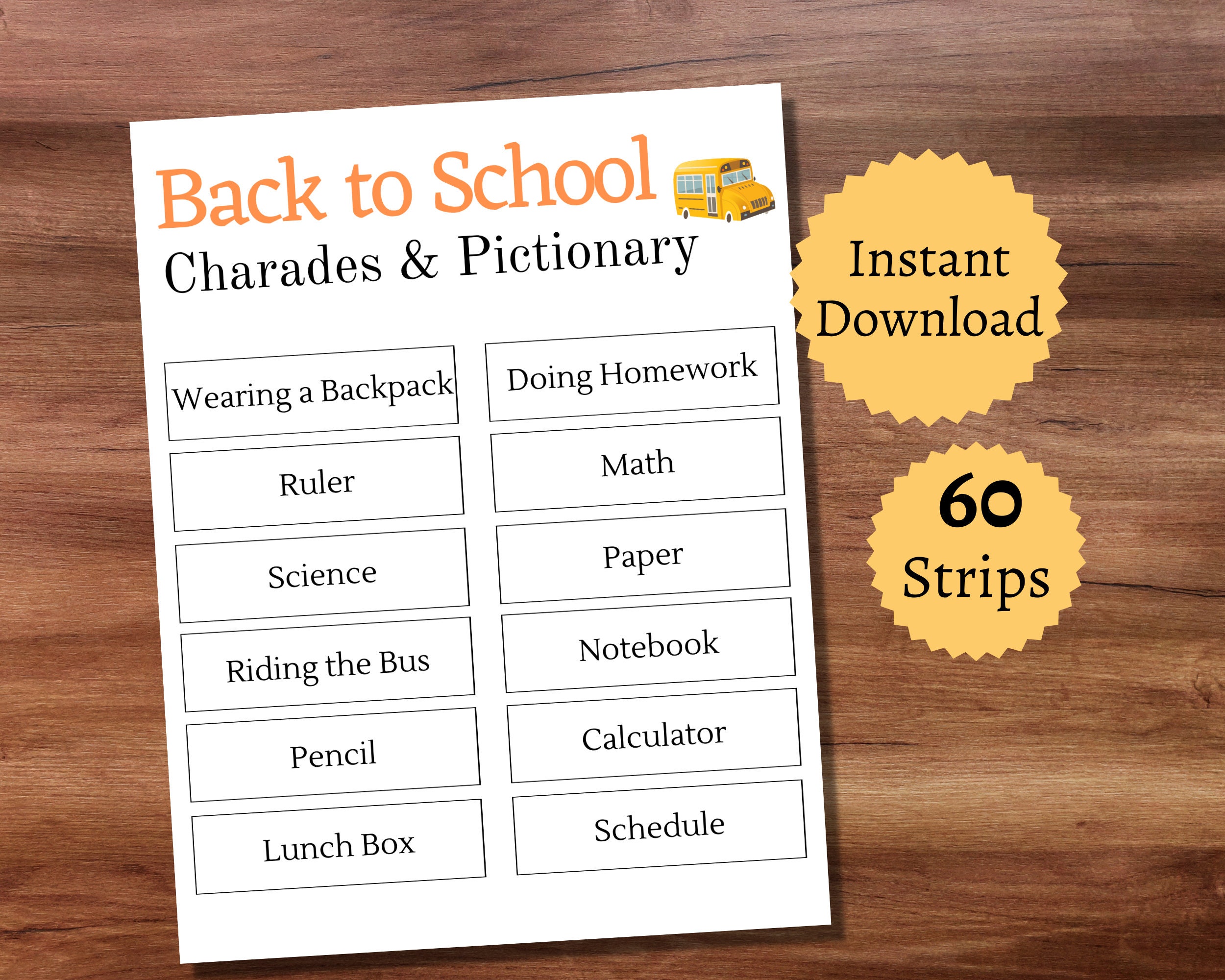 Back to School Charades, Printable Classroom Pictionary Cards, School ...