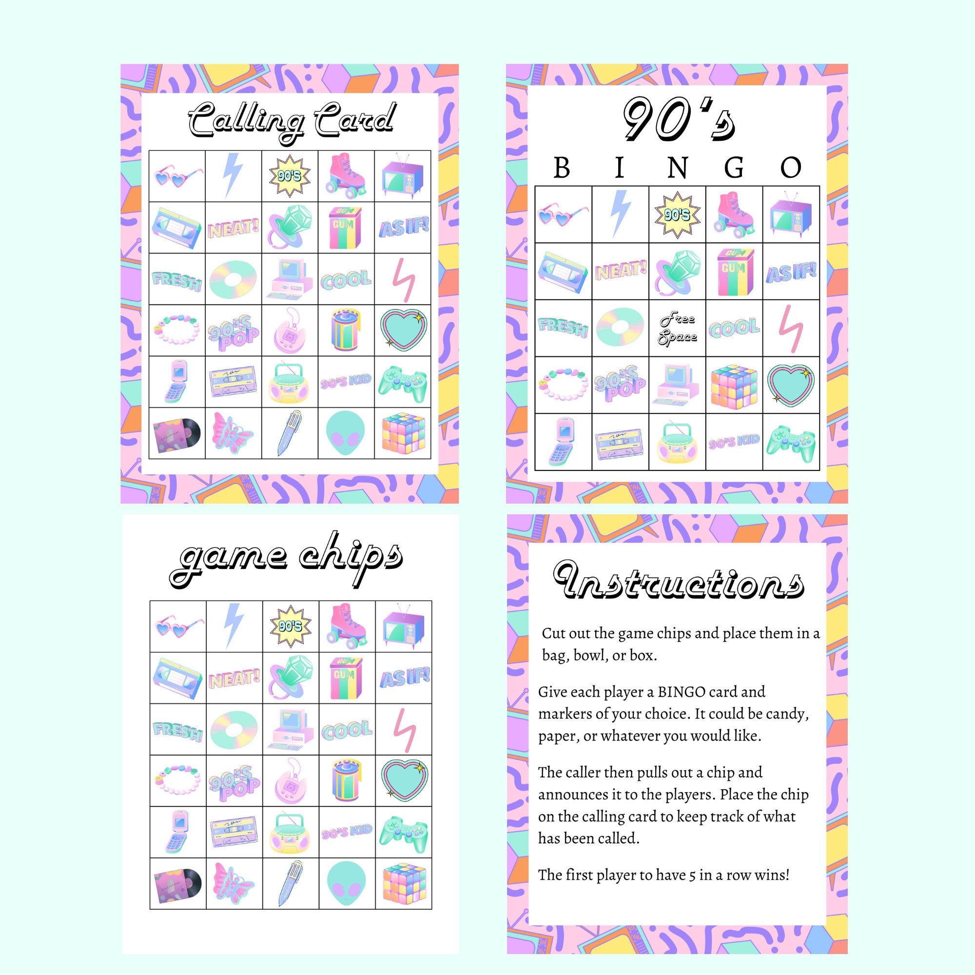 90's Bingo Cards, Retro 1990's Birthday Party Game, Printable Neon ...