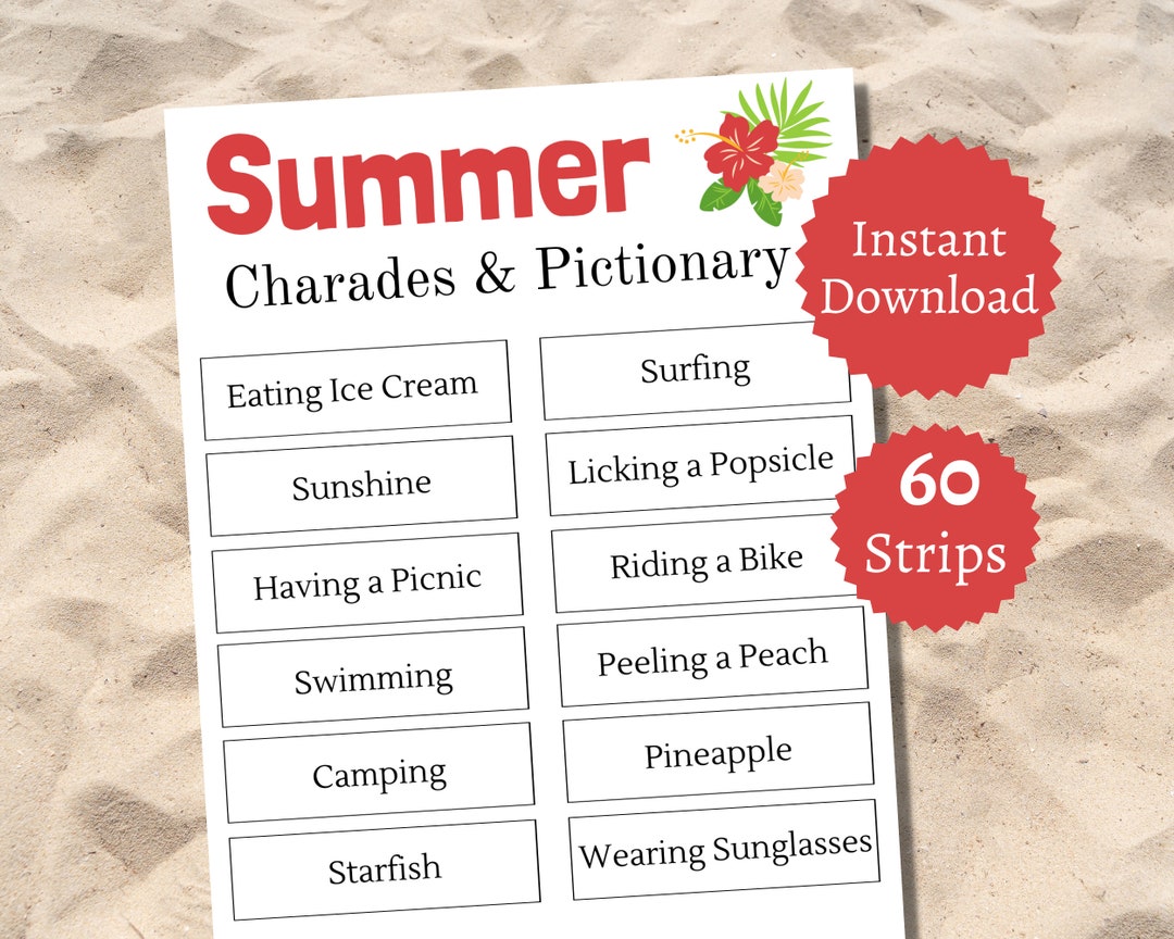 Summer Charades and Pictionary Cards, Printable Summer Game for Kids ...