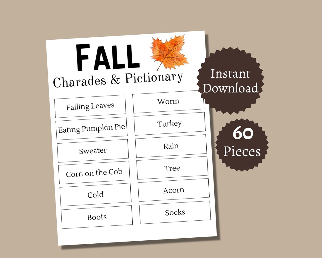 Fall Charades Game, Printable Autumn Pictionary Cards, Fall Party Game ...
