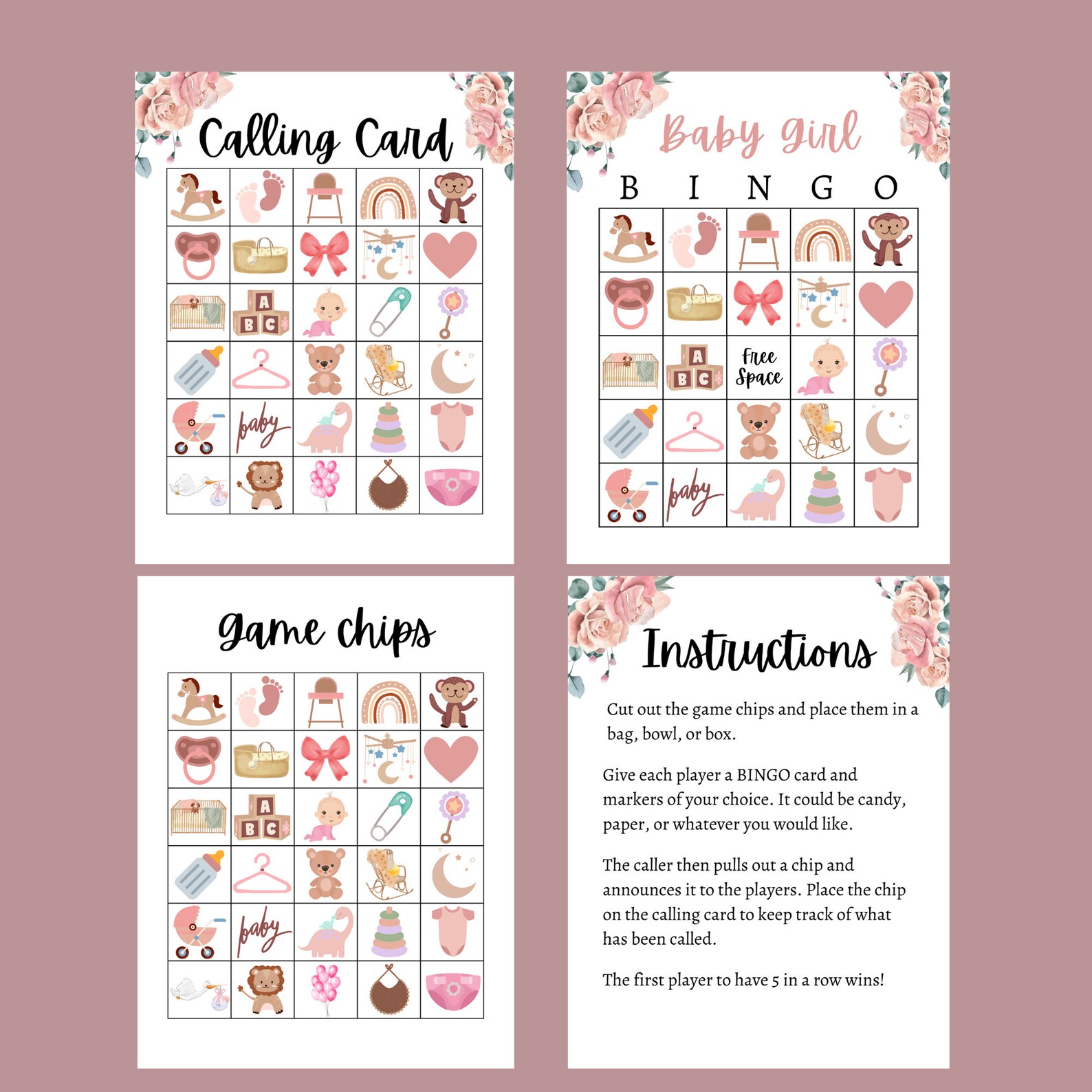 Baby Shower Bingo, Baby Girl Bingo Game, Baby Shower Games Printable ...